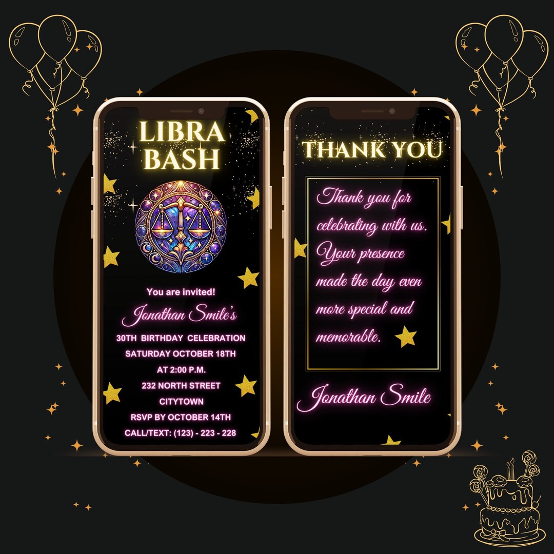 Libra Zodiac Birthday Invitation, Digital Video Libra Zodiac Birthday ...