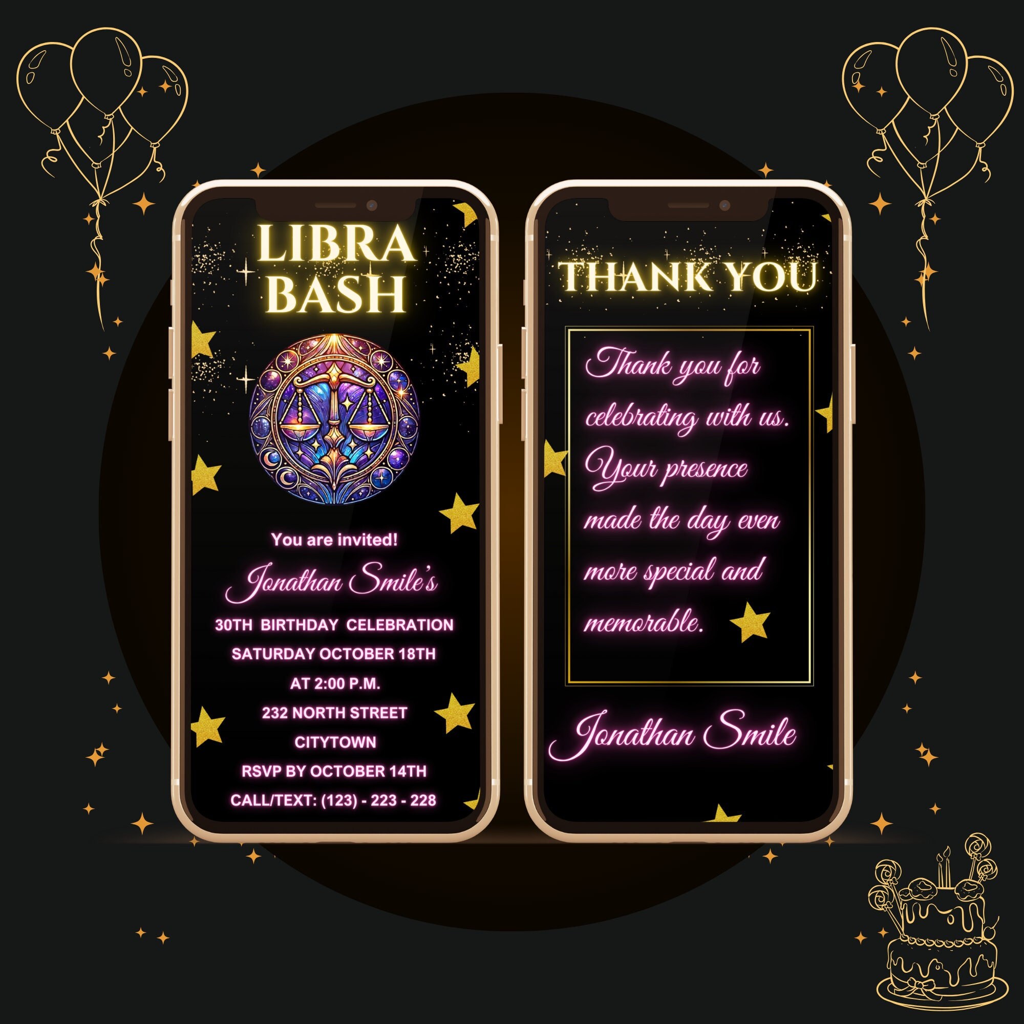 Libra Zodiac Birthday Invitation, Digital Video Libra Zodiac Birthday ...