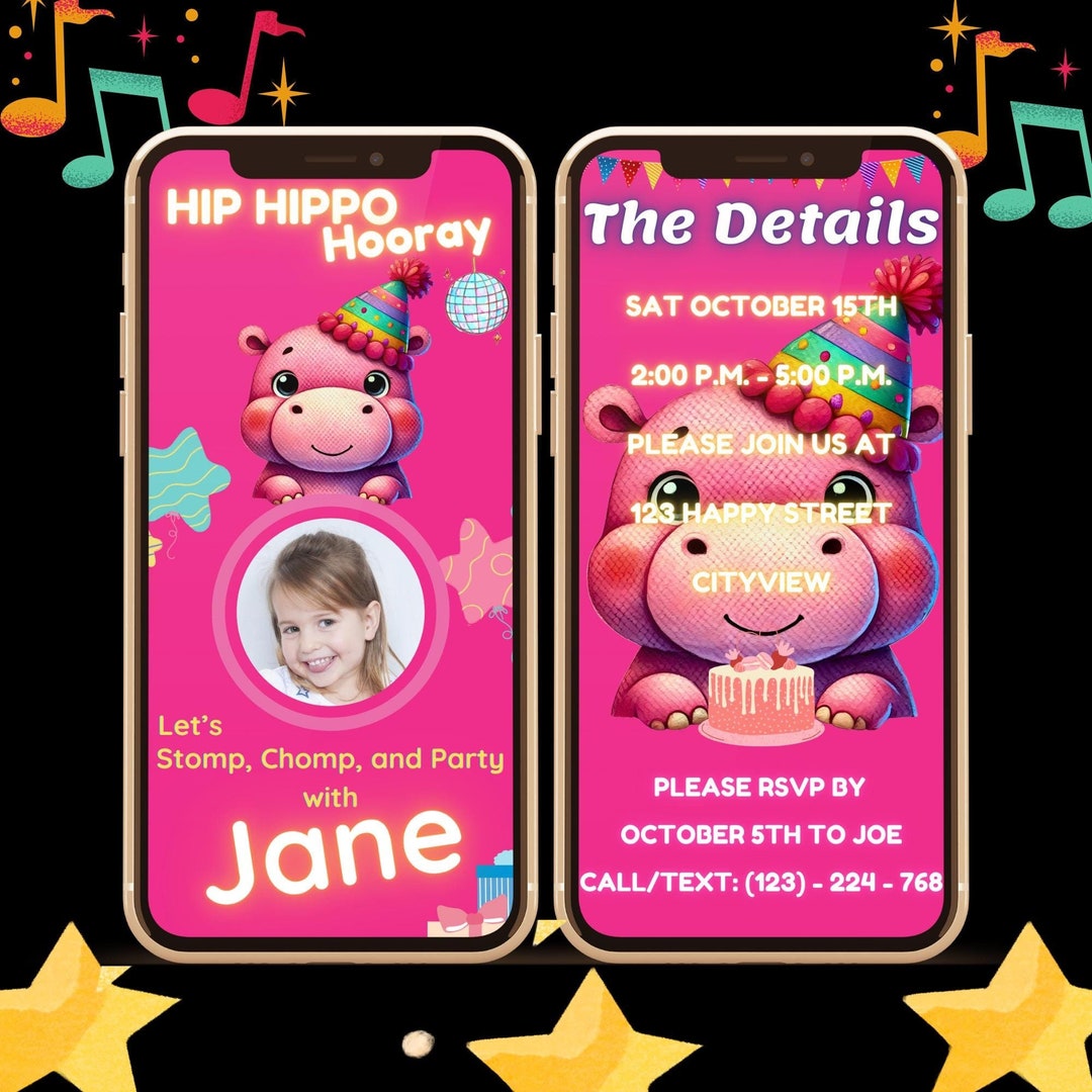 Pink Hippo Birthday Invitation Template, Digital Video Hippo Birthday ...