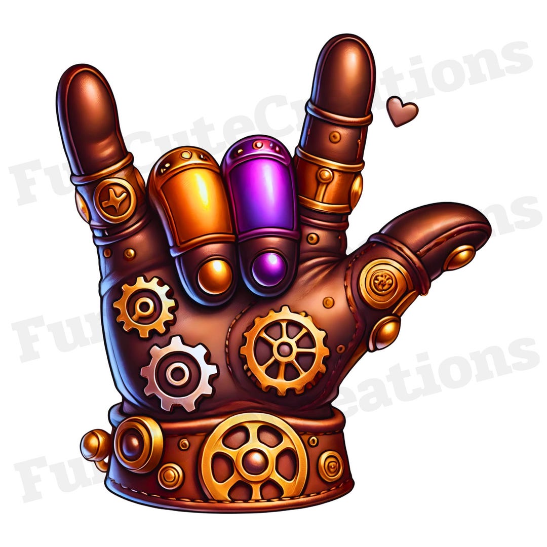 Steampunk Hand Glove I Love You ASL PNG, Gears and Metal Hand Sign ...