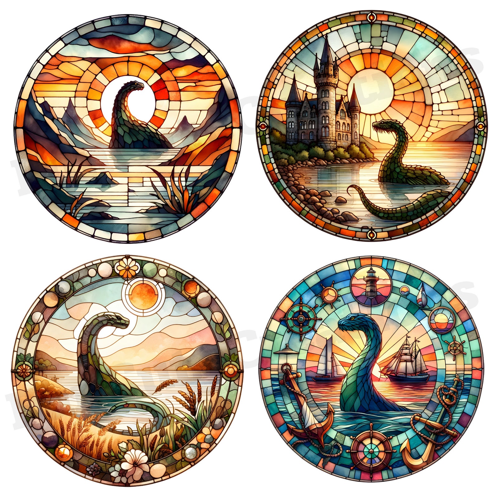 Loch Ness Monster Stained Glass Clipart, Nessie Clipart, Lake Monster ...