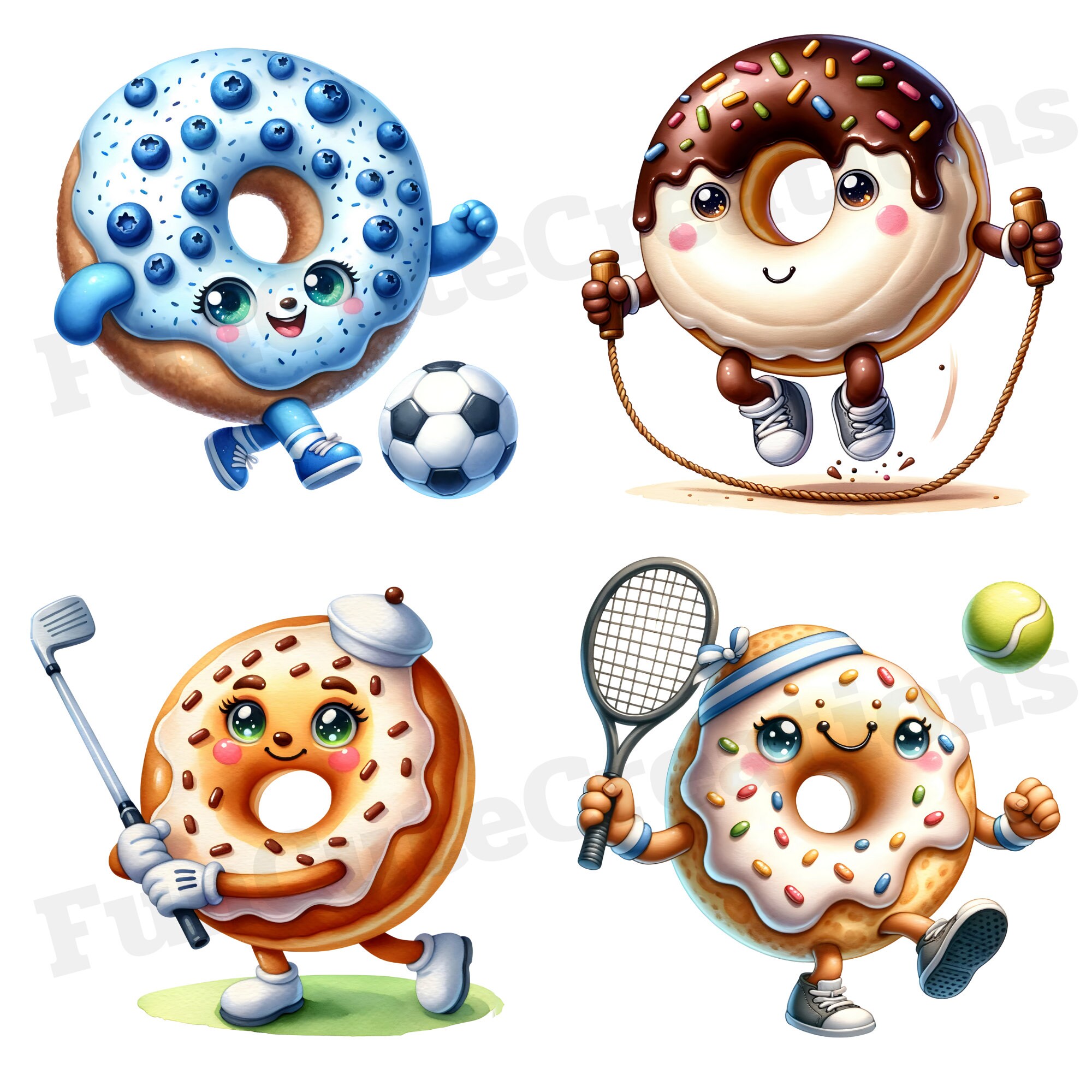 Donut Exercise Watercolor Clipart Bundle, Workout Donut, Cute Donut ...