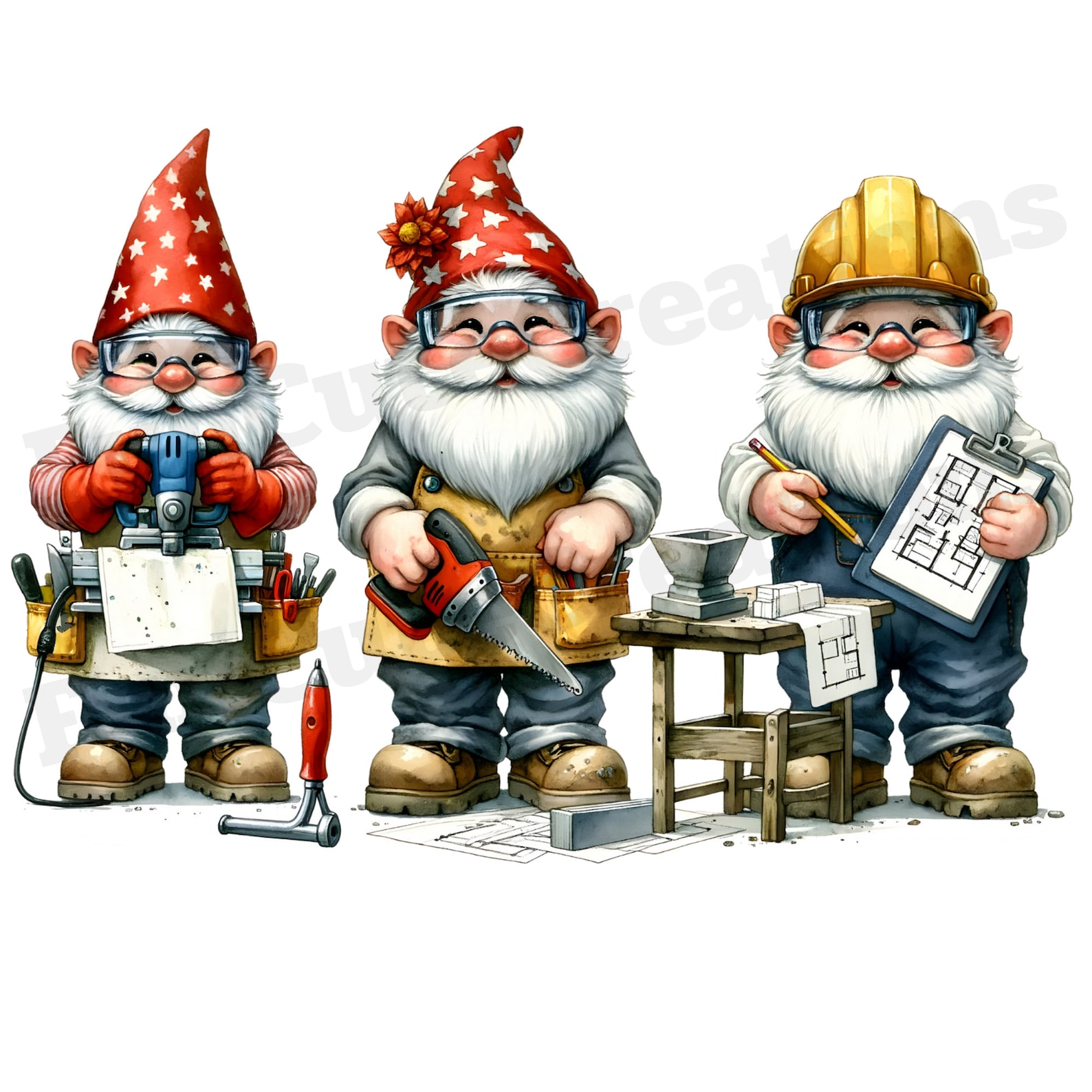 Construction Three Gnomes Clipart, Builder Gnomes, Construction PNG, Construction Party, With ...