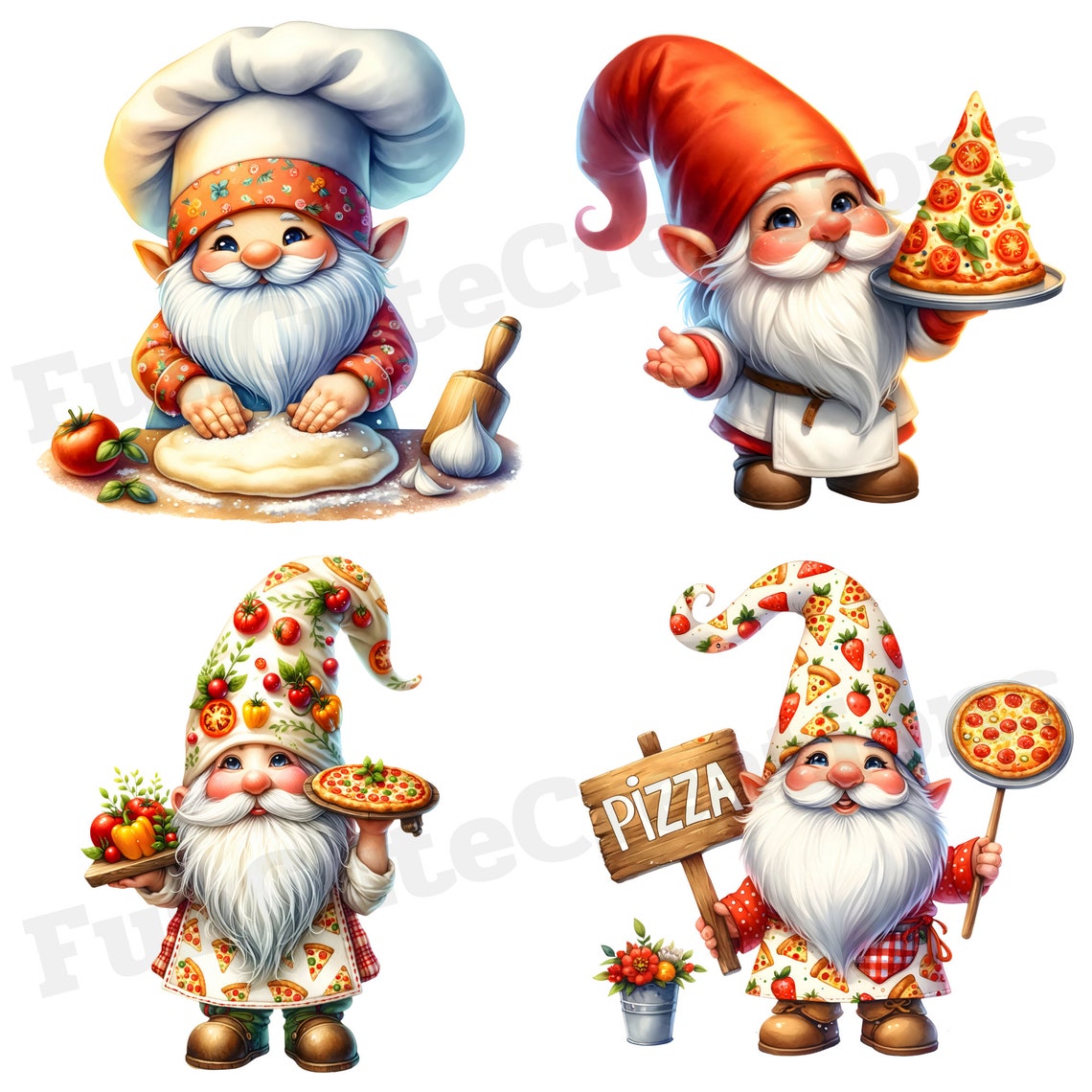 Pizza Gnome Watercolor Clipart Bundle, Chef Gnome Artwork, Pizza Lovers ...