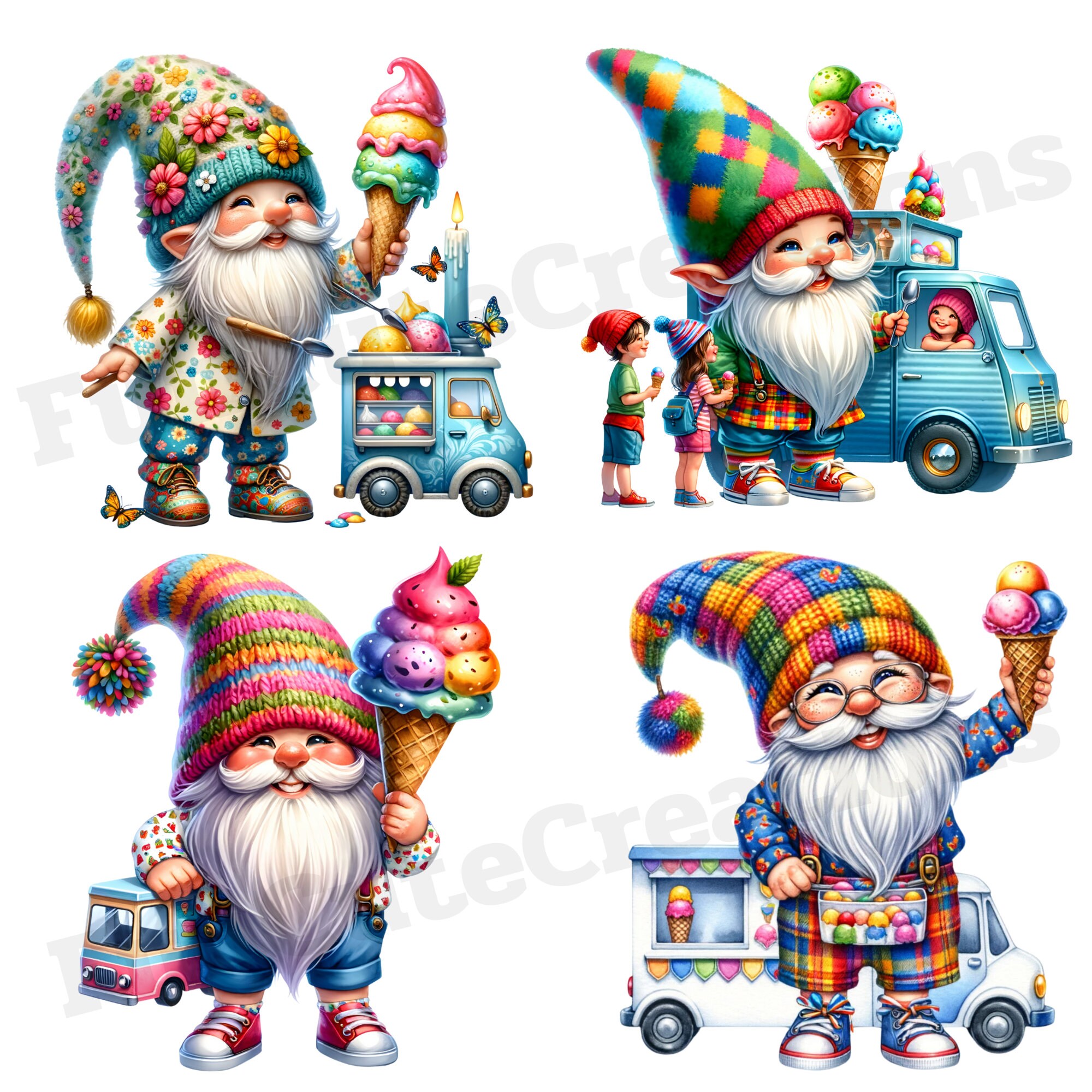 Ice Cream Truck Gnome Watercolor Clipart, Ice Cream Gnome, Summer ...