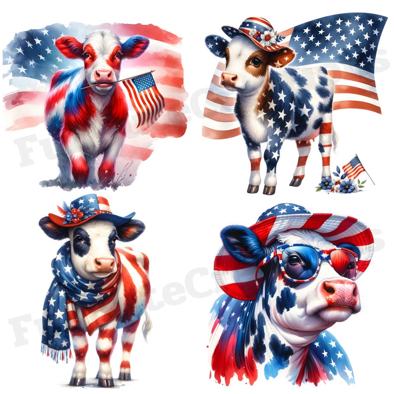 Patriotic Cow Watercolor Clipart, Patriotic Clipart, 4th of July ...