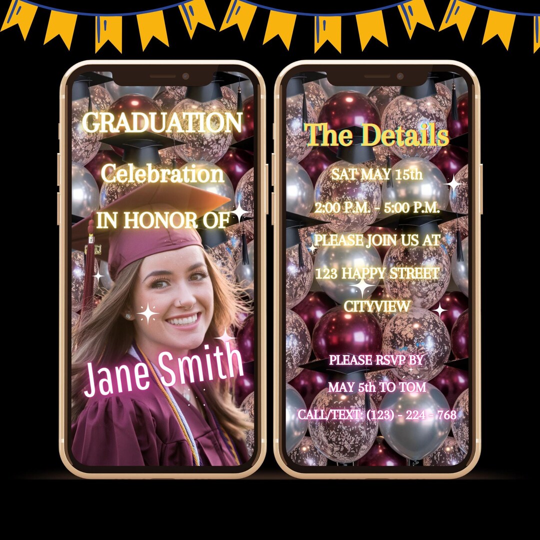 Maroon Balloon Graduation Party Invitation Template, Digital Video ...