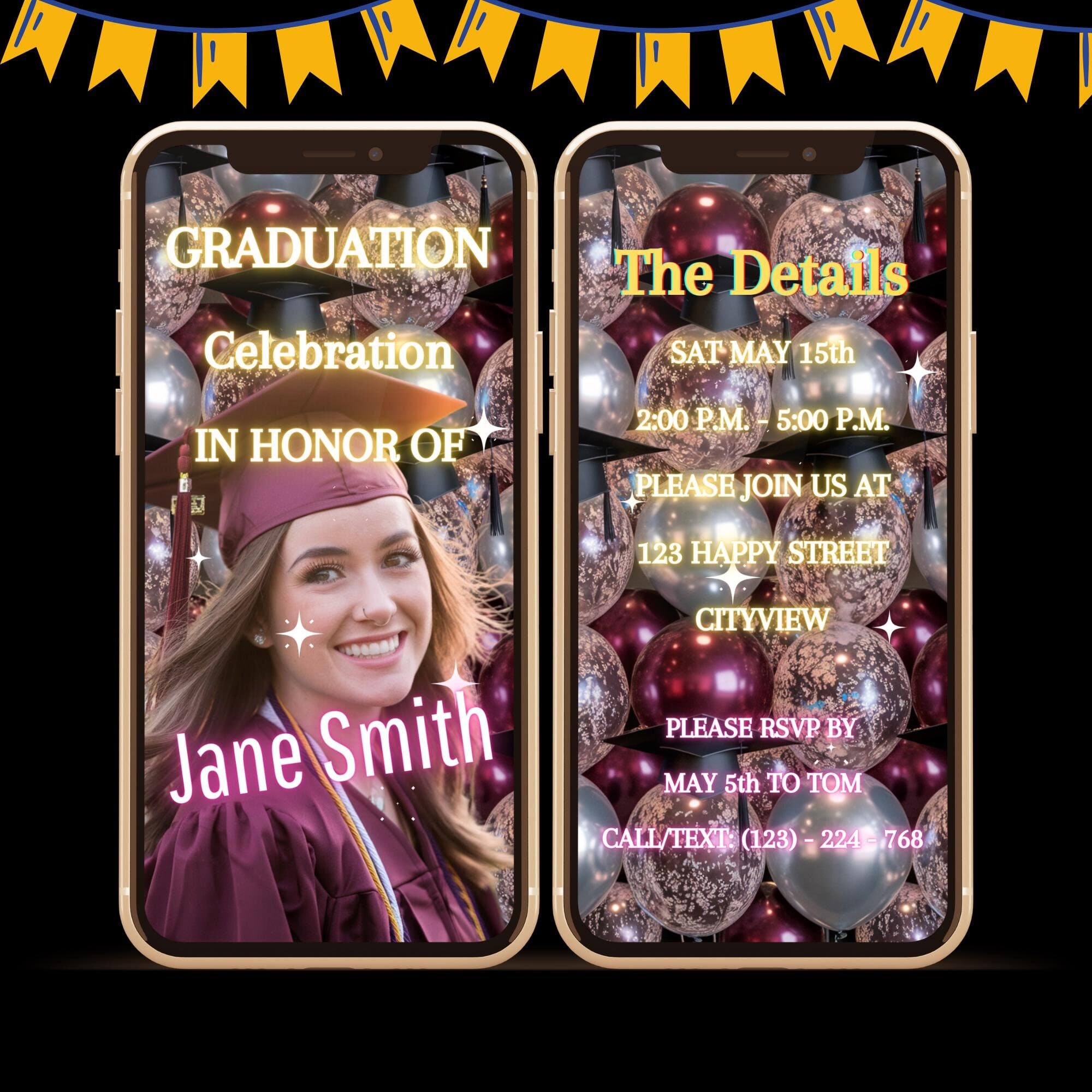 Maroon Balloon Graduation Party Invitation Template, Digital Video ...