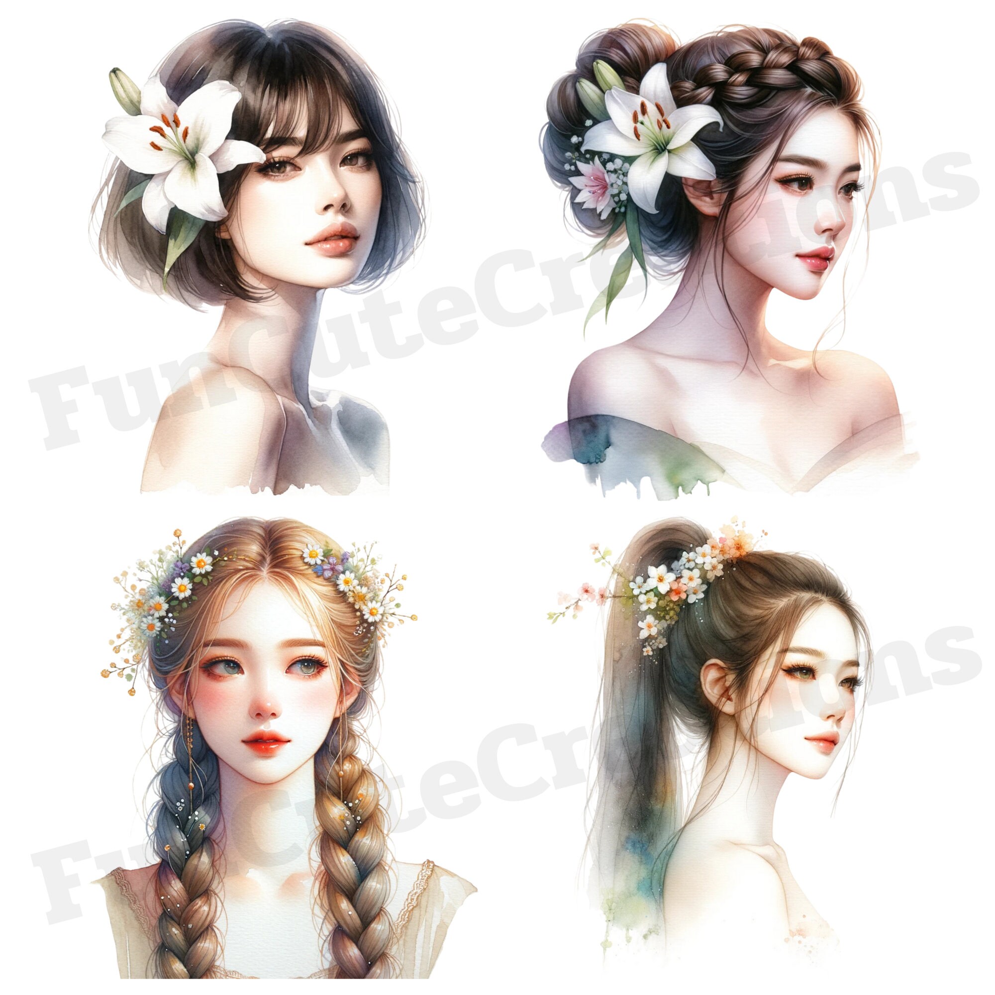 Woman Spring Flower Clipart, Beautiful Girl Model Clipart, Watercolor ...