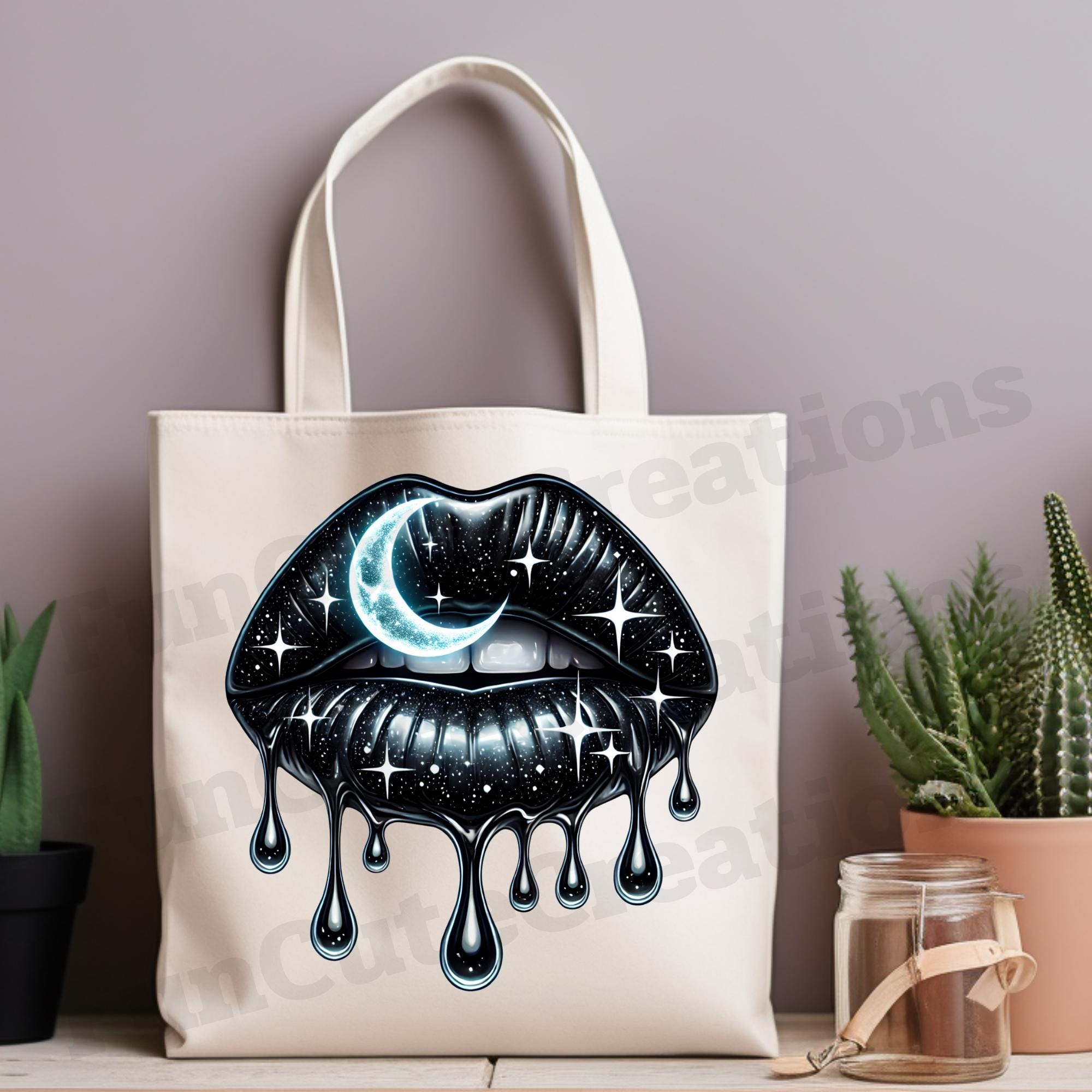 Black Dripping Lips With Moon and Stars PNG, Celestial Lips Clipart ...