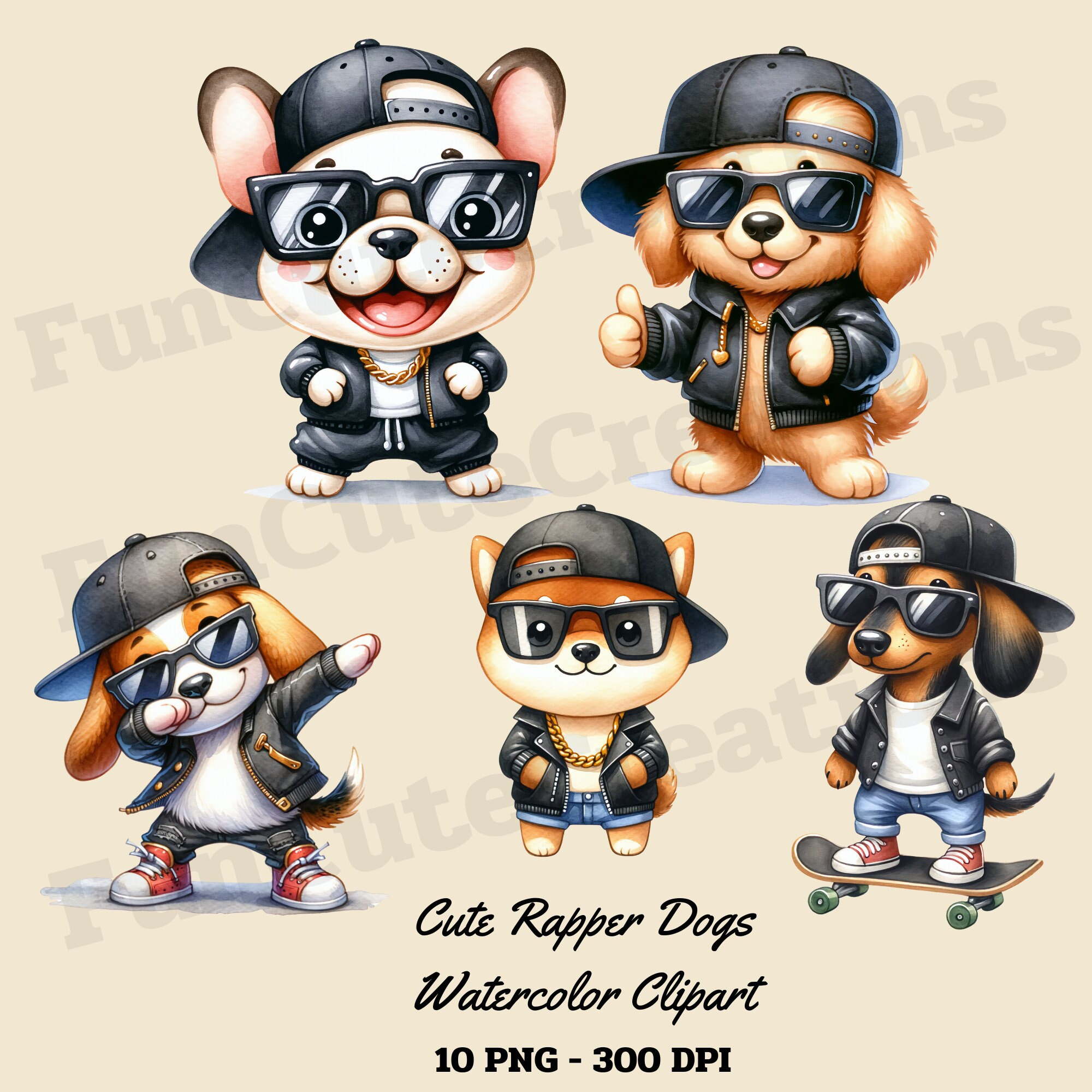 Cute Rapper Dogs Watercolor Clipart, Cute Rapper Dogs Clipart ...