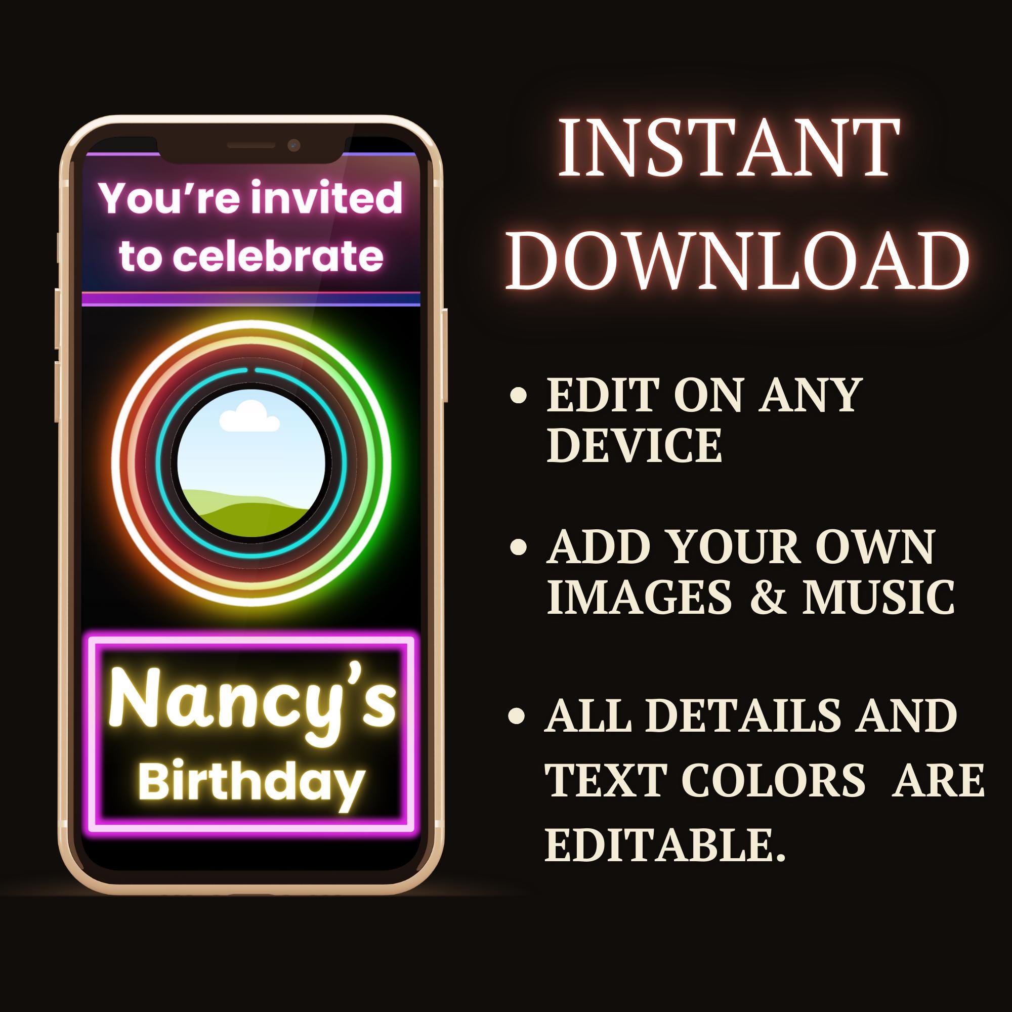 Neon Birthday Party Invitation Template, Digital Video Neon Birthday ...