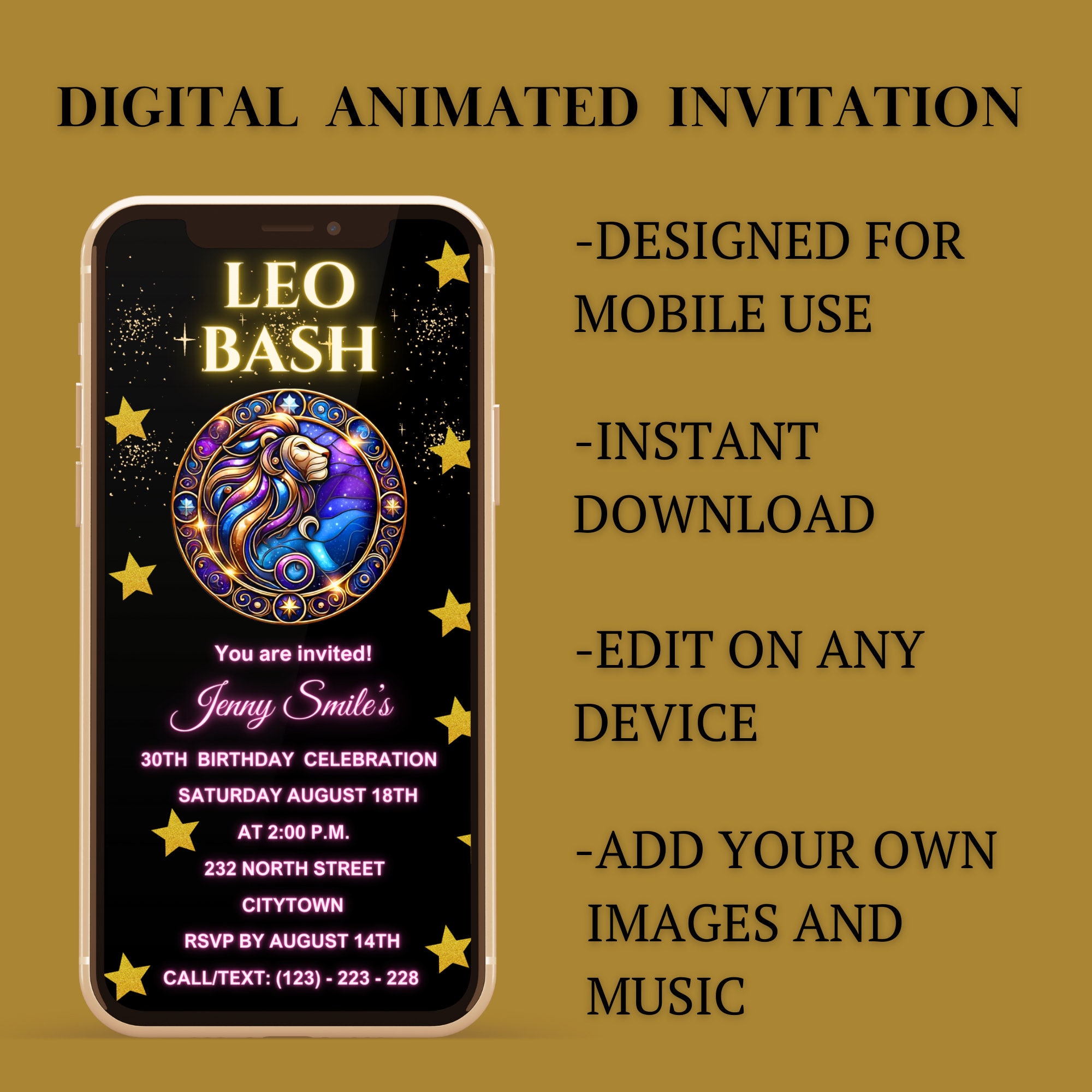 Leo Zodiac Birthday Invitation Template, Digital Video Leo Zodiac ...