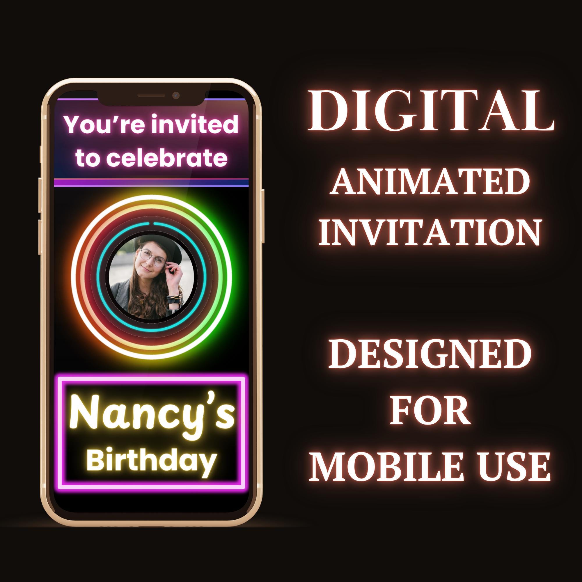 Neon Birthday Party Invitation Template, Digital Video Neon Birthday ...