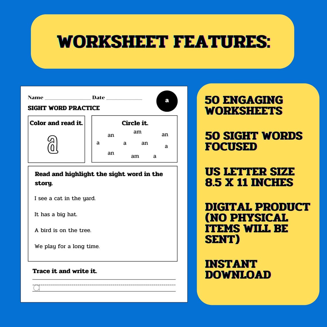 50 Sight Word Worksheets, Kindergarten Sight Word Practice, Pre-primer ...