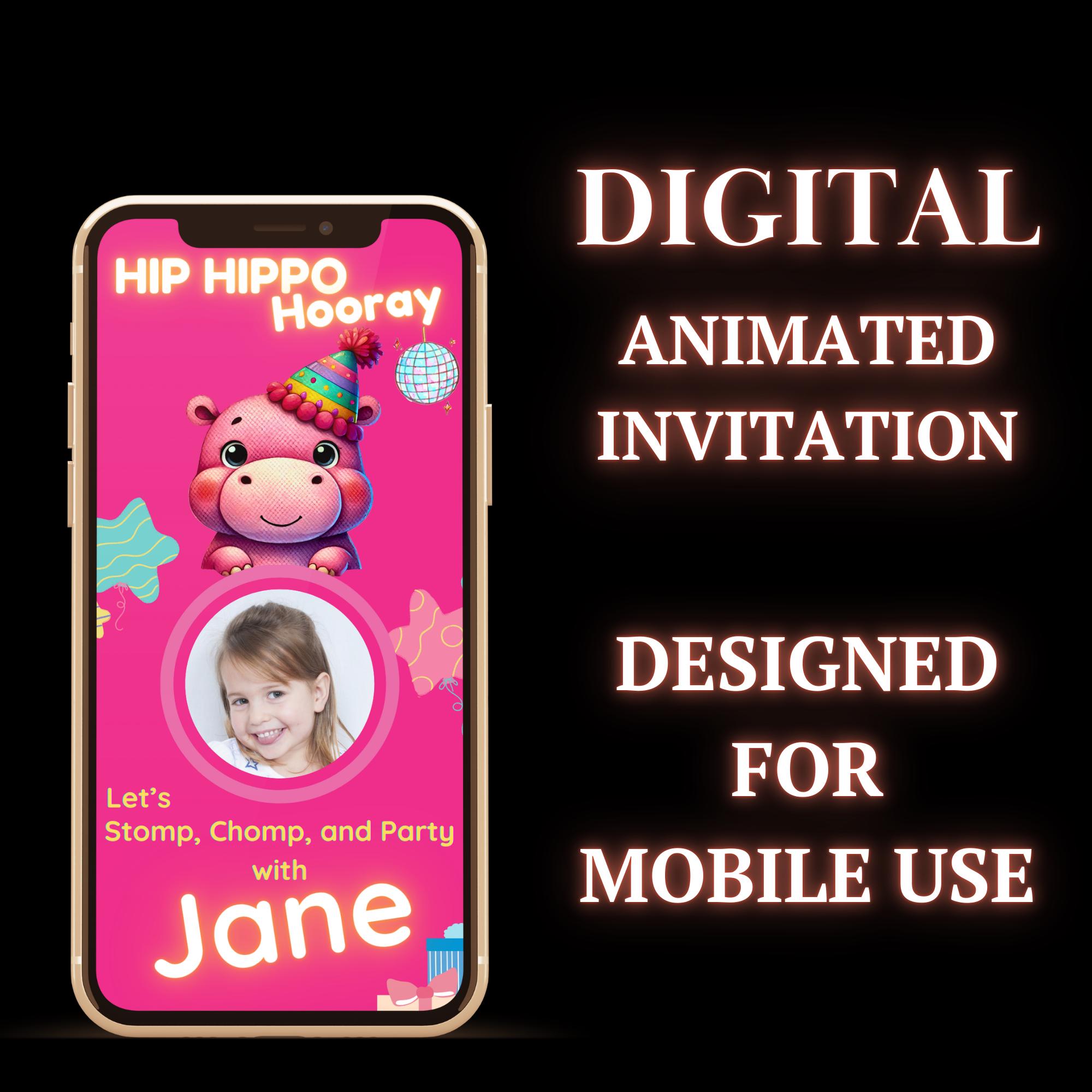 Pink Hippo Birthday Invitation Template, Digital Video Hippo Birthday ...