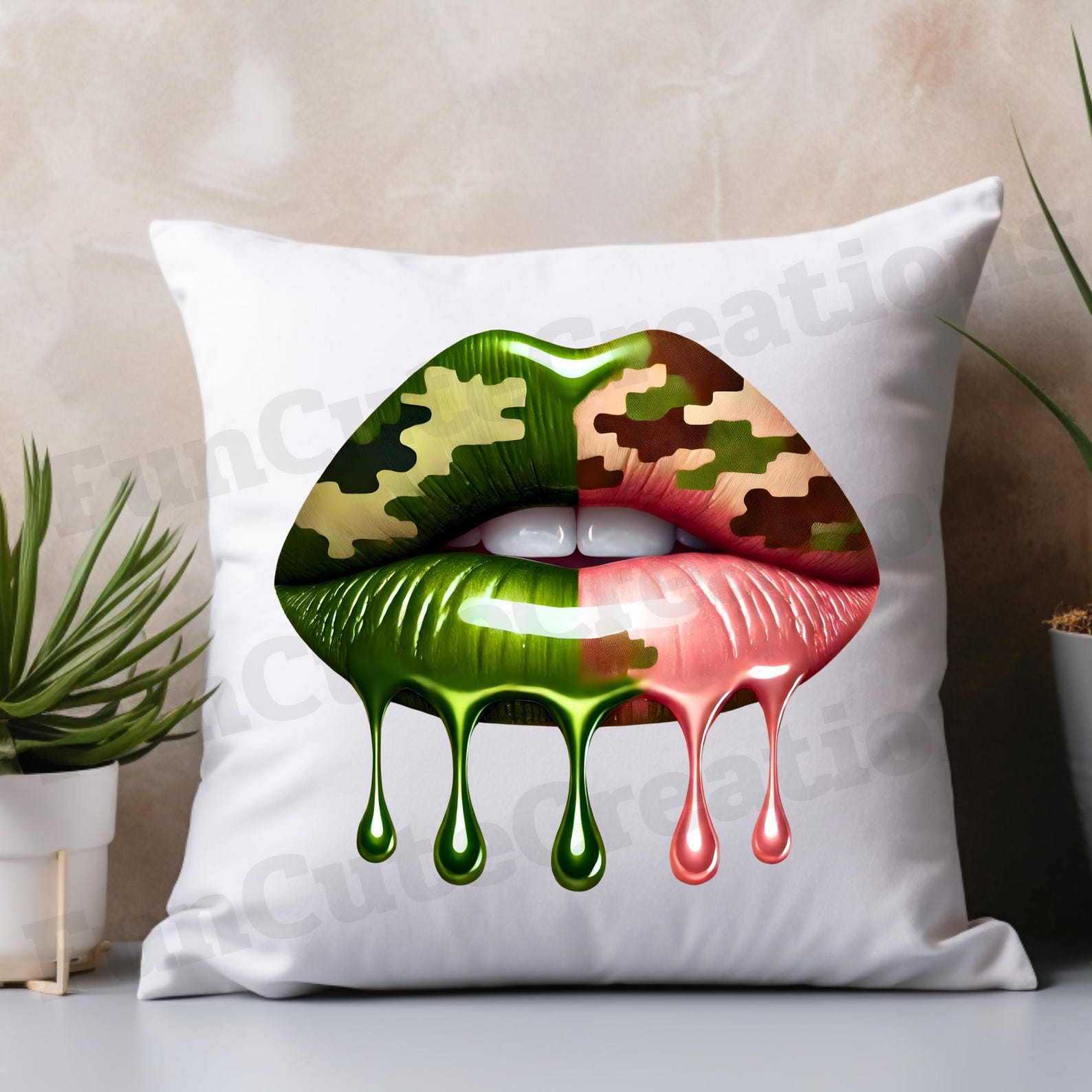 Camouflage Lips PNG, Military Green and Pink Dripping Lips, Camo ...