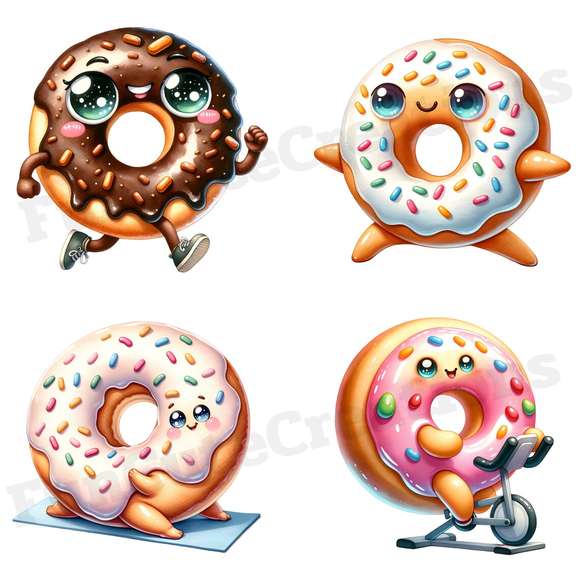 Donut Exercise Watercolor Clipart Bundle, Workout Donut, Cute Donut ...
