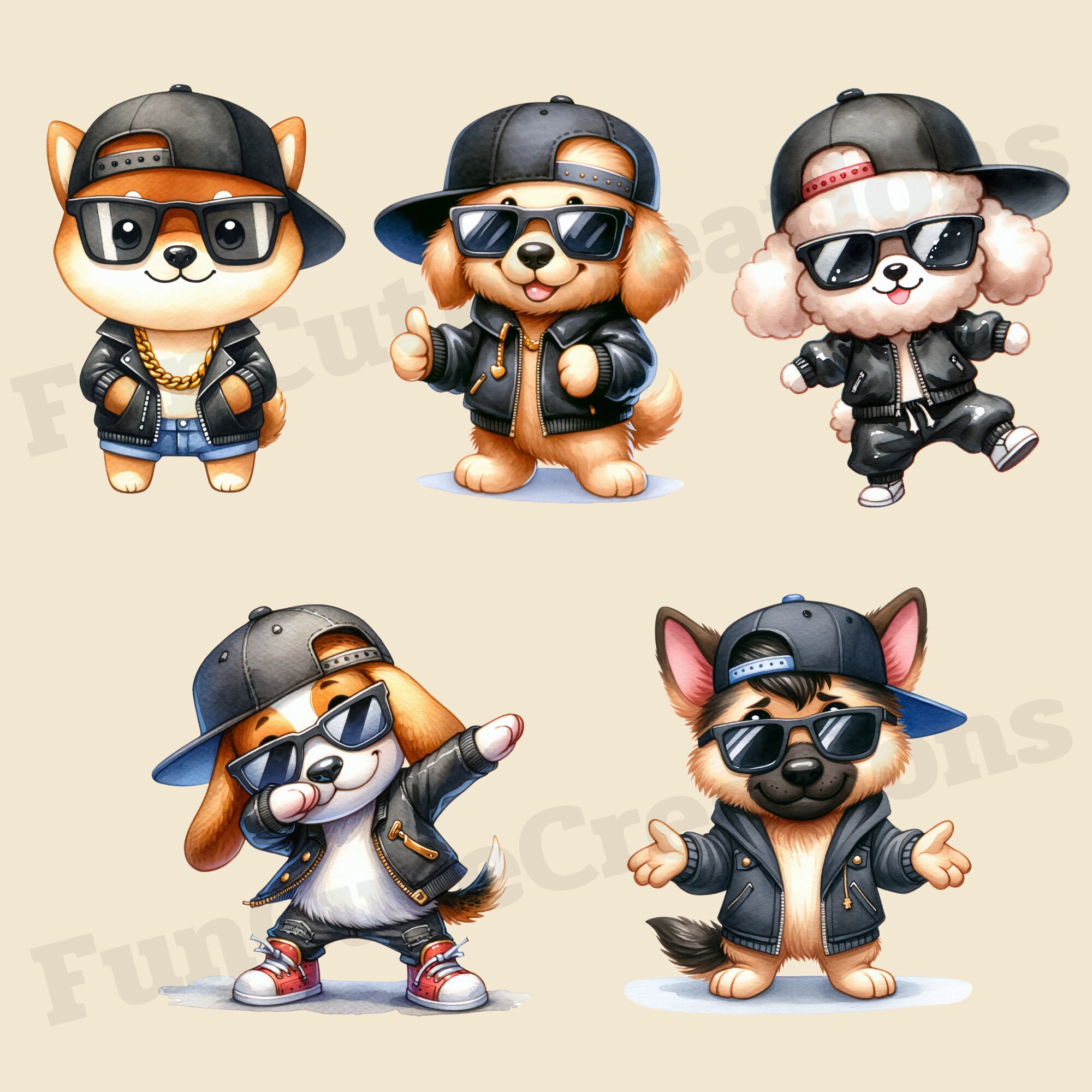 Cute Rapper Dogs Watercolor Clipart, Cute Rapper Dogs Clipart ...