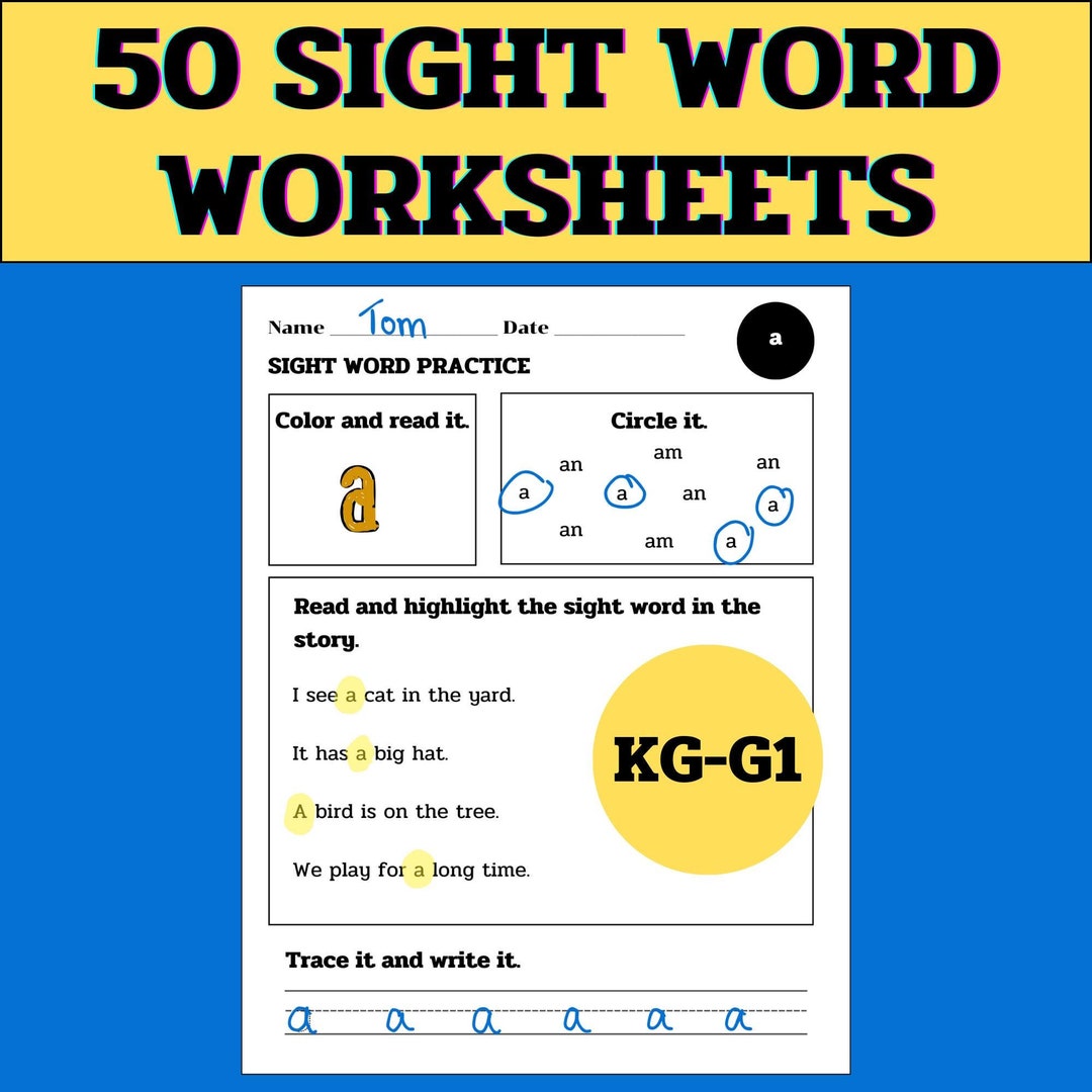 50 Sight Word Worksheets, Kindergarten Sight Word Practice, Pre-primer ...