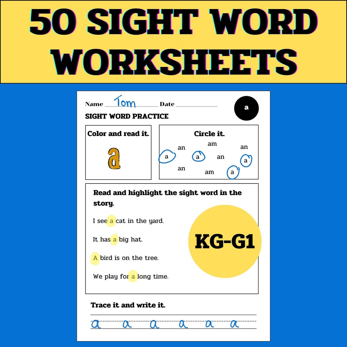 50 Sight Word Worksheets, Kindergarten Sight Word Practice, Pre-primer ...