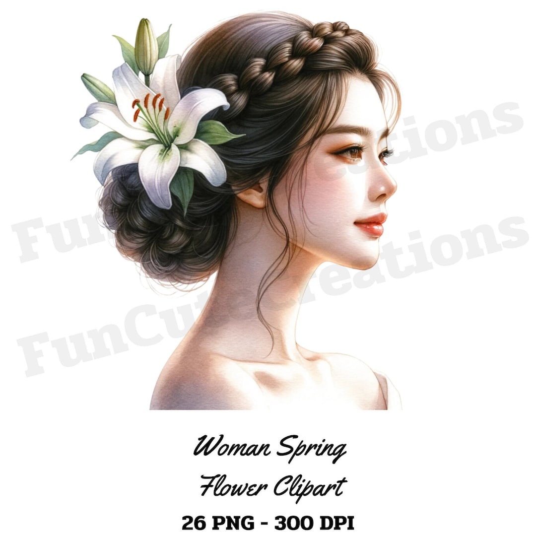 Woman Spring Flower Clipart, Beautiful Girl Model Clipart, Watercolor ...