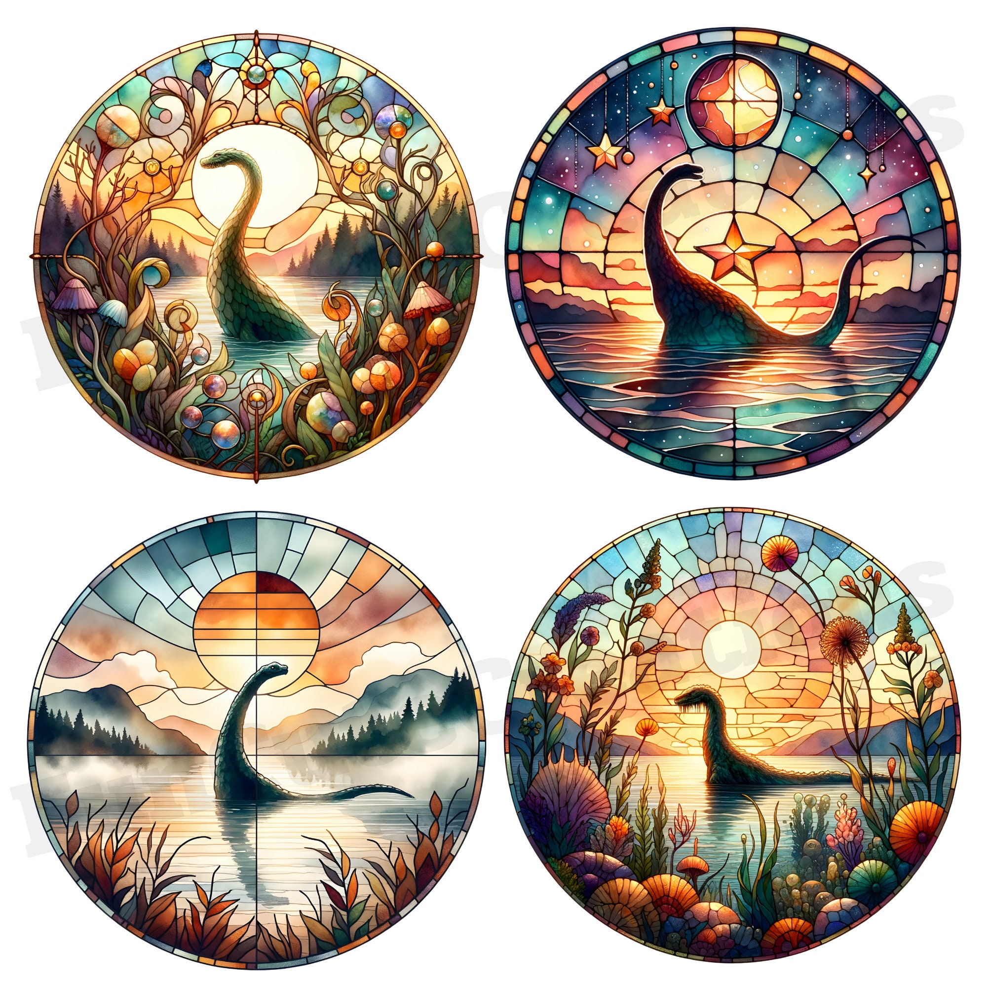 Loch Ness Monster Stained Glass Clipart, Nessie Clipart, Lake Monster ...