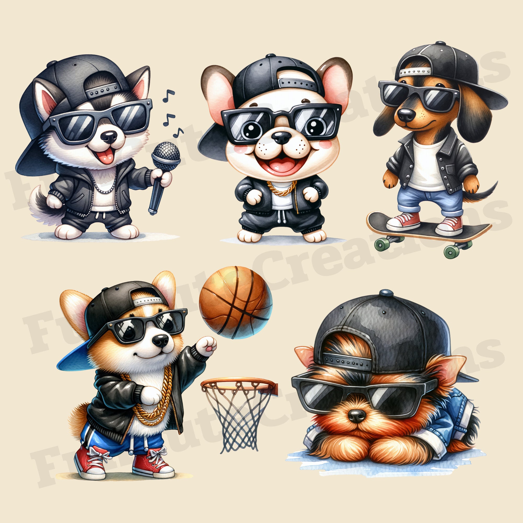 Cute Rapper Dogs Watercolor Clipart, Cute Rapper Dogs Clipart ...