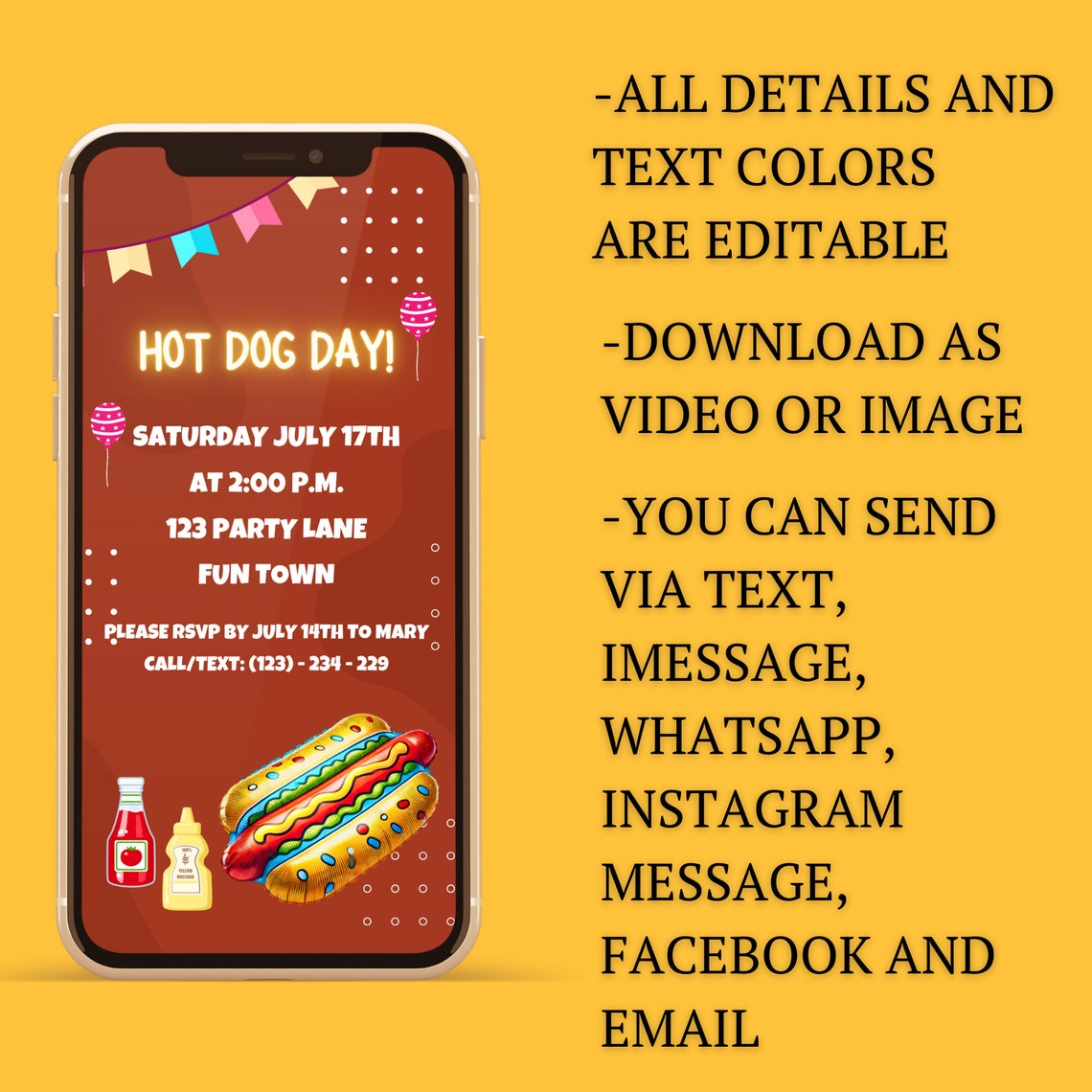 Hot Dog Party Invitation Template, Hot Dog Day Invitation, Digital ...