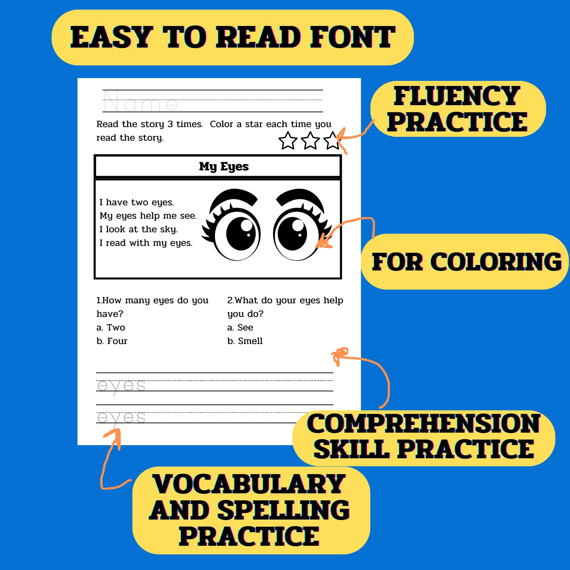 Kindergarten Reading Comprehension - All About My Body, Printable ...