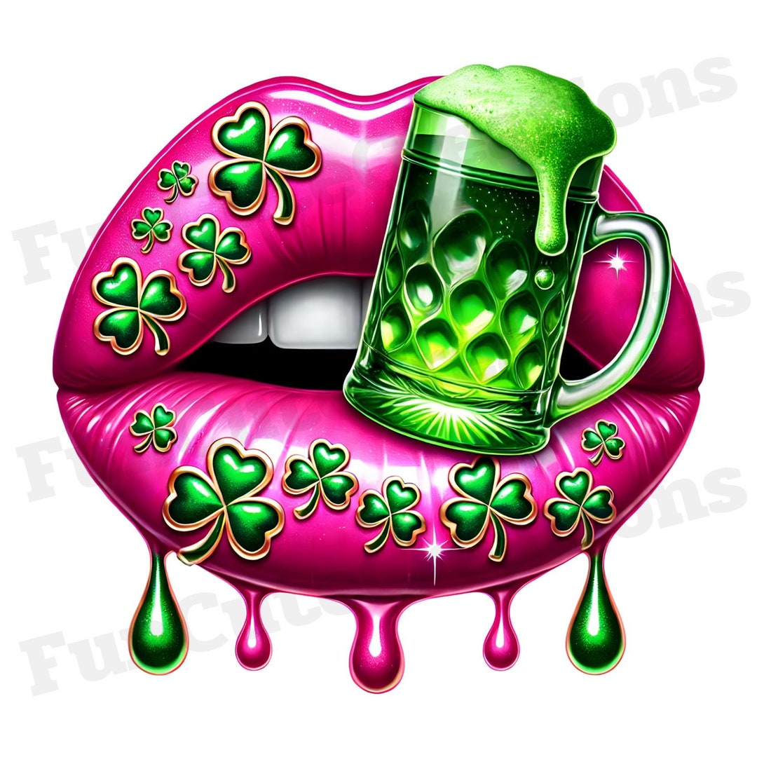 Pink Dripping Lips With Beer and Clovers PNG, St. Patrick’s Day Lips ...