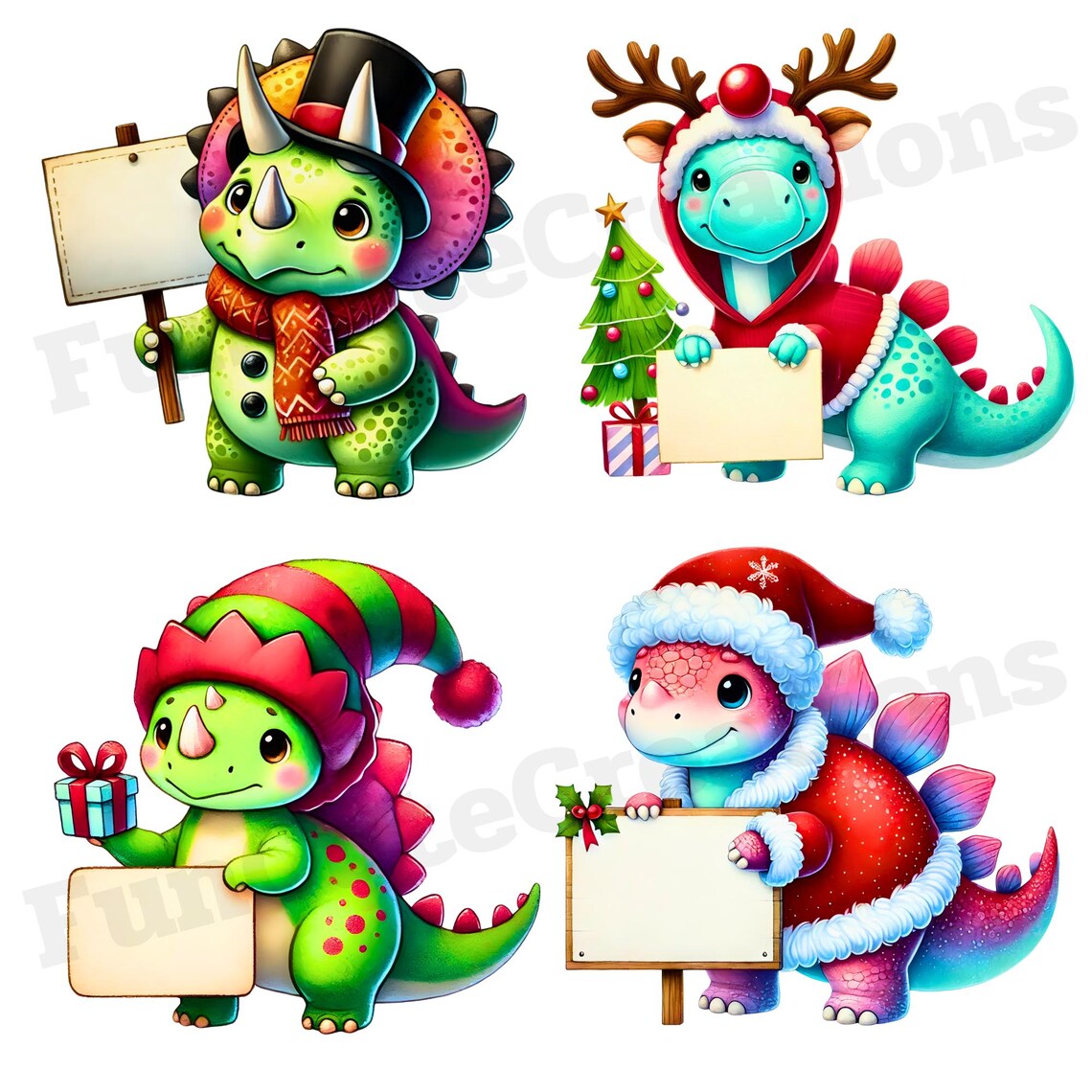 Christmas Dino With Sign Clipart, Digital Dino Art, Christmas Dinosaur ...