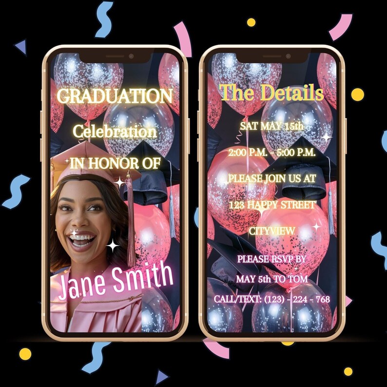 Pink Balloon Graduation Party Invitation Template, Digital Video Pink ...