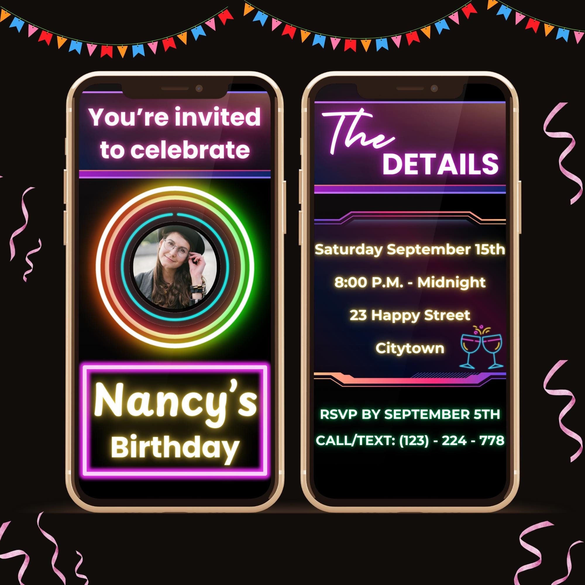 Neon Birthday Party Invitation Template, Digital Video Neon Birthday ...
