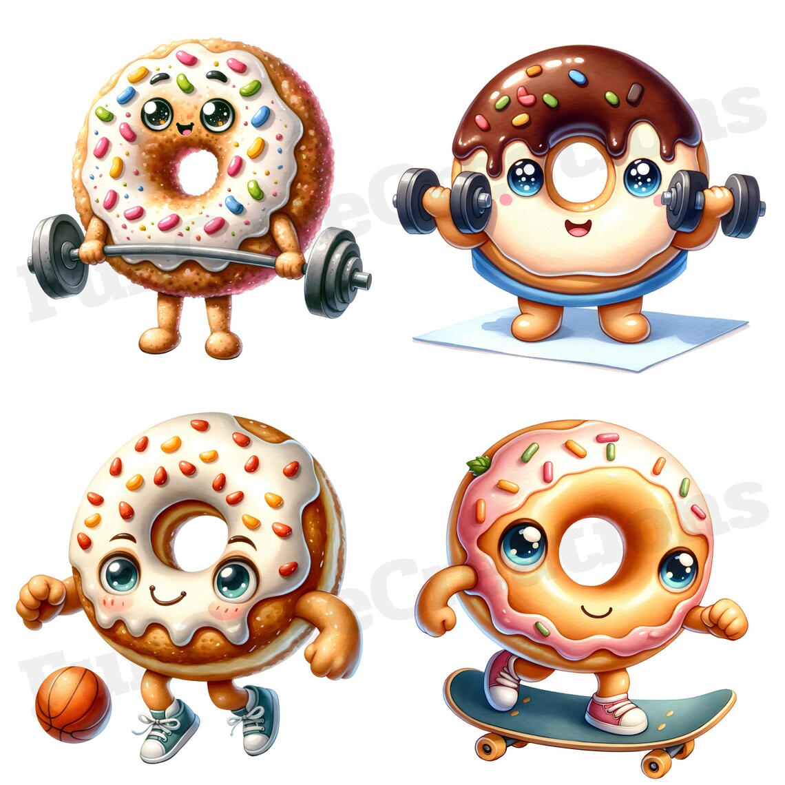Donut Exercise Watercolor Clipart Bundle, Workout Donut, Cute Donut ...