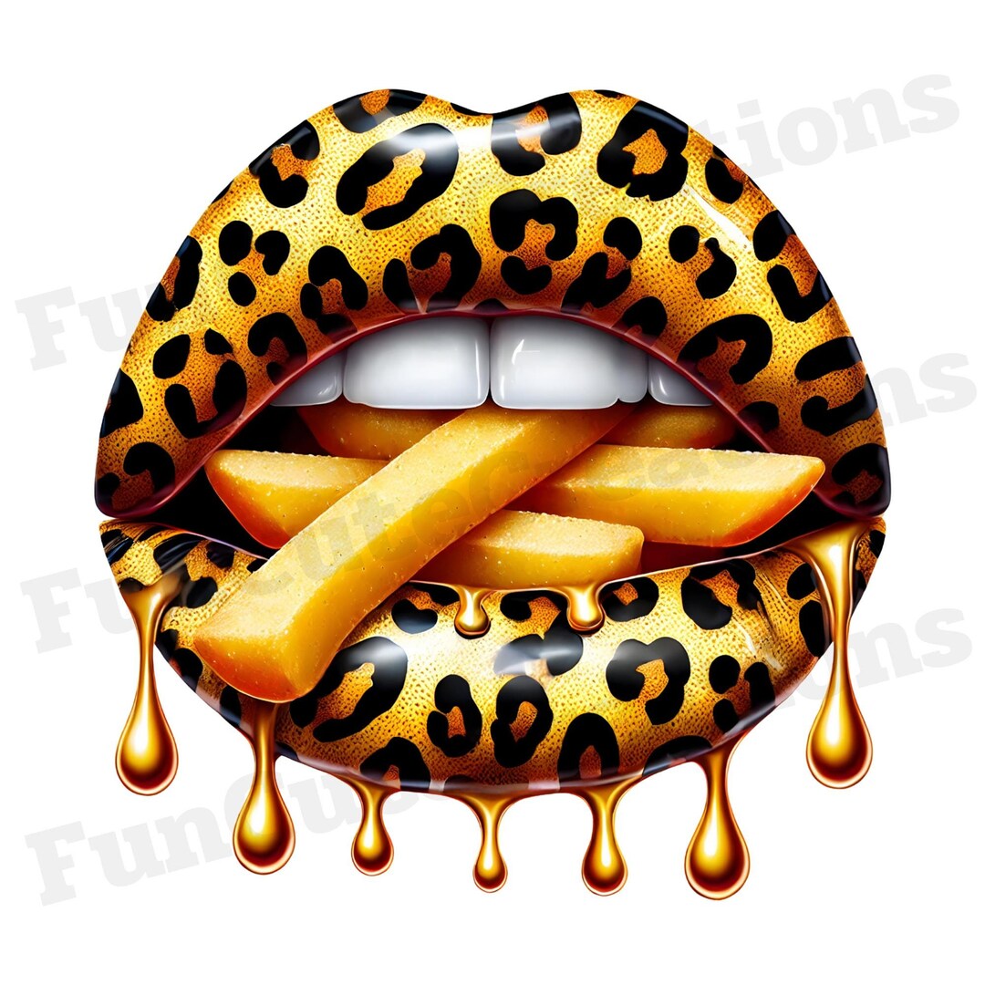 Leopard Dripping Lips With French Fries PNG, Animal Print Lips PNG ...