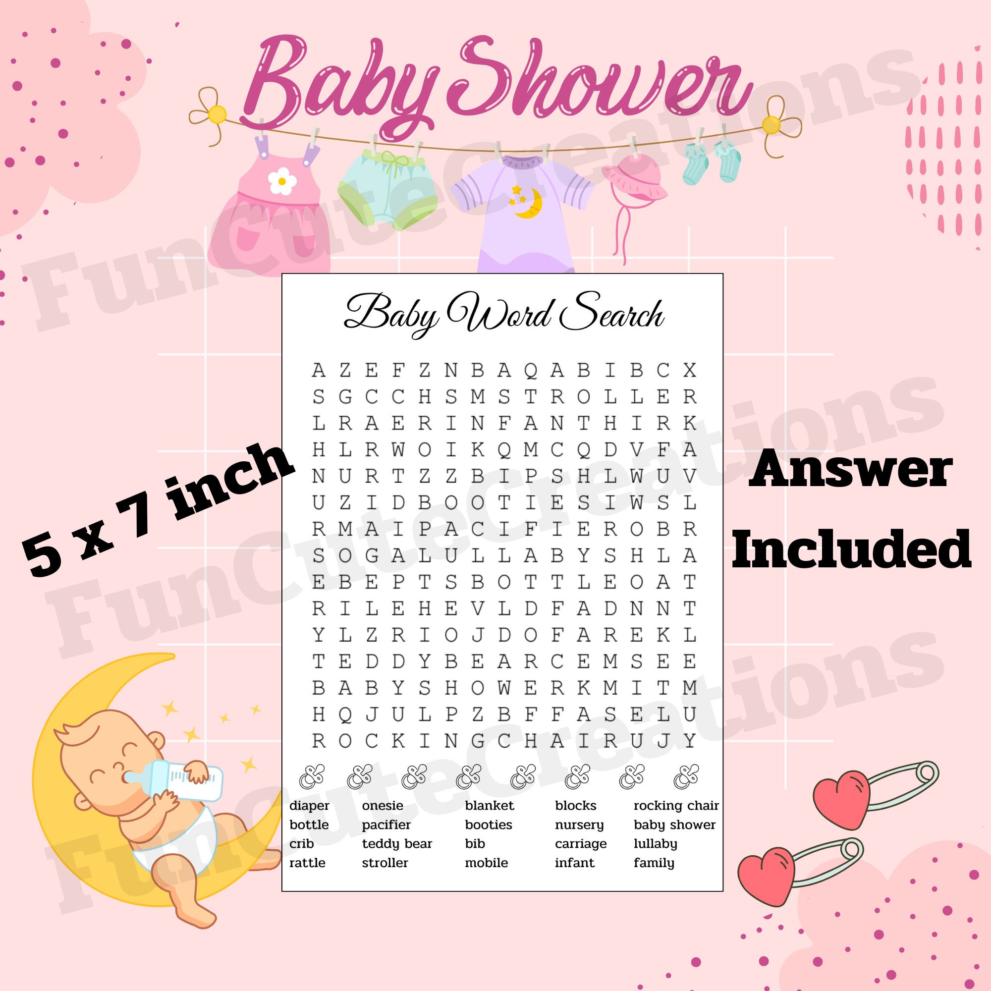 Baby Shower Word Search, Baby Shower for Neutral Theme, Black and White ...