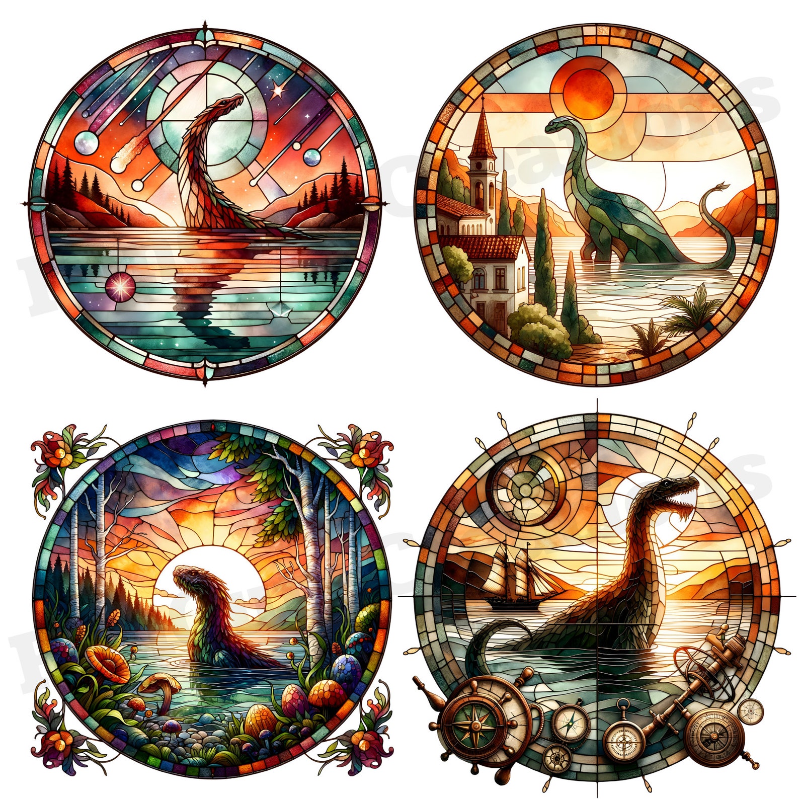 Loch Ness Monster Stained Glass Clipart, Nessie Clipart, Lake Monster ...