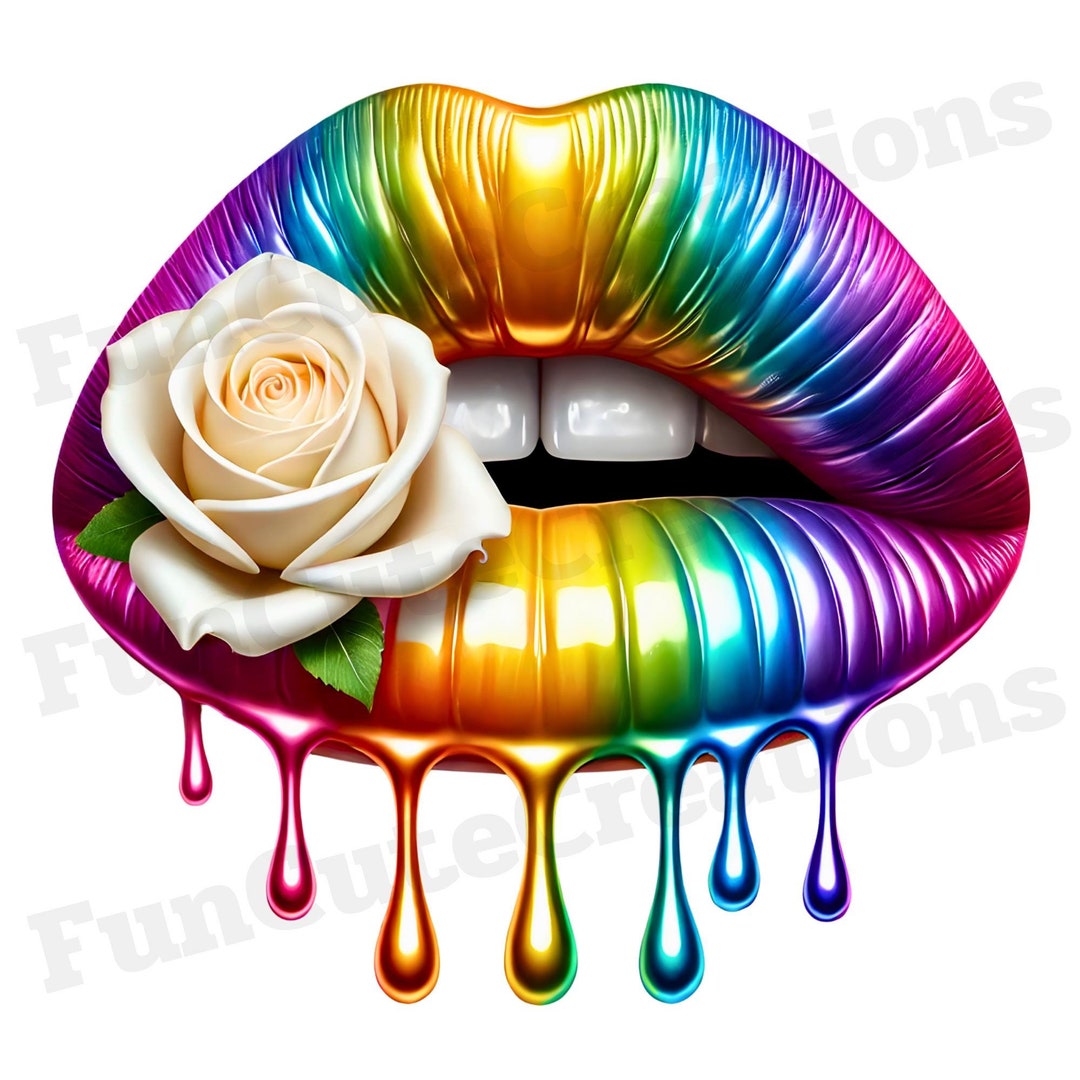 Rainbow Dripping Lips With Rose PNG, Romantic Rainbow Lips Clipart ...