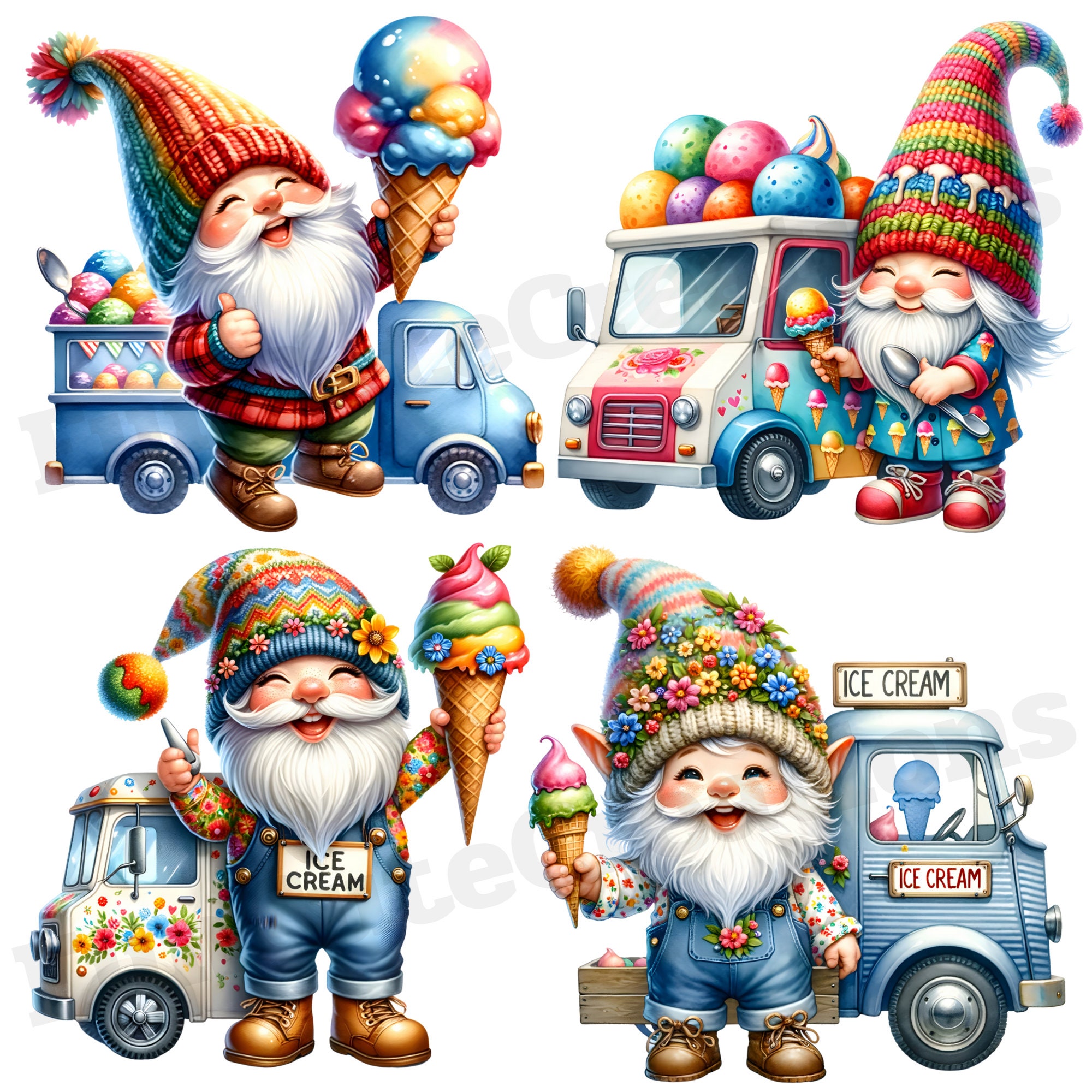 Ice Cream Truck Gnome Watercolor Clipart, Ice Cream Gnome, Summer ...