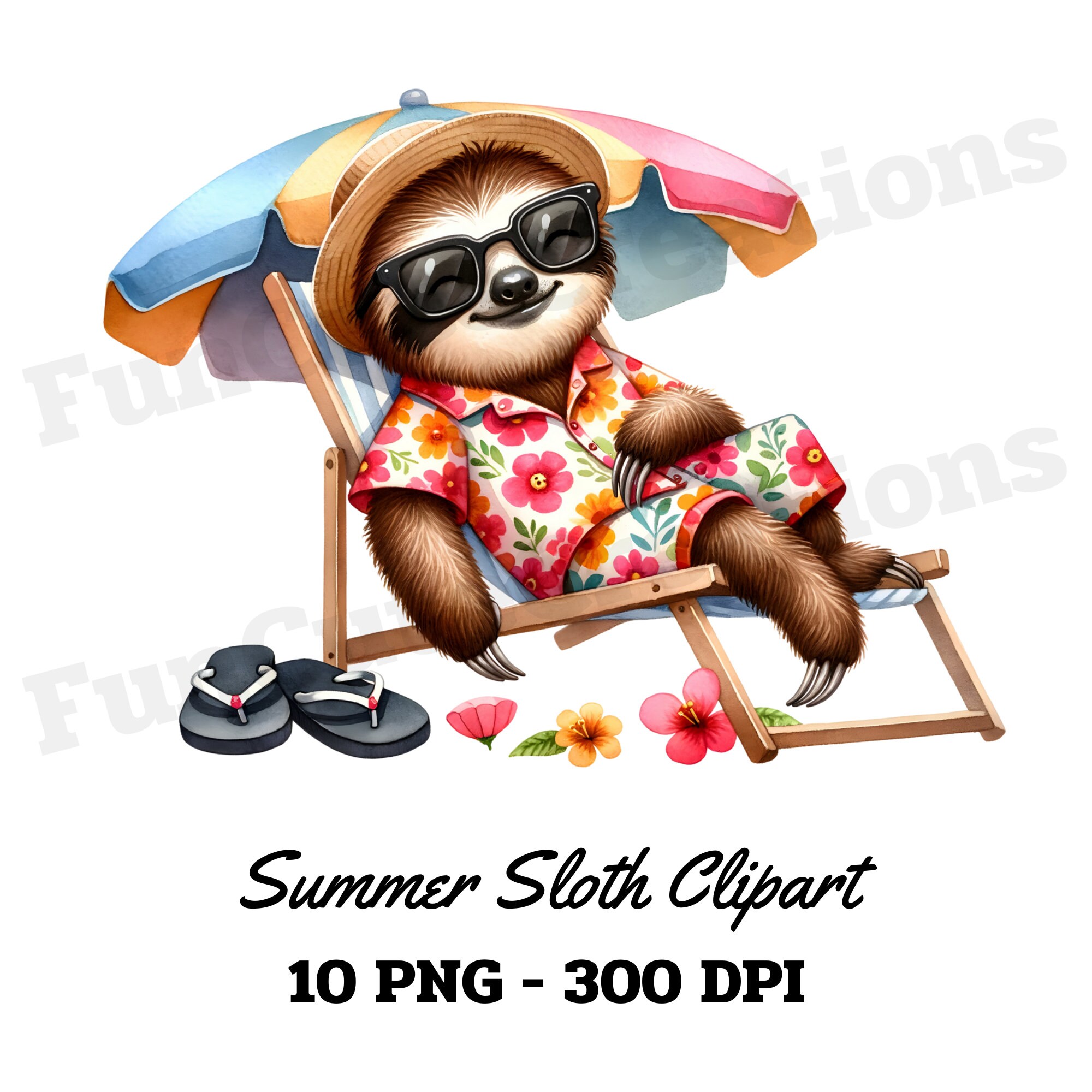 Summer Sloth Clipart, Cute Sloth Clipart, Beach Clipart, Summer Clipart ...