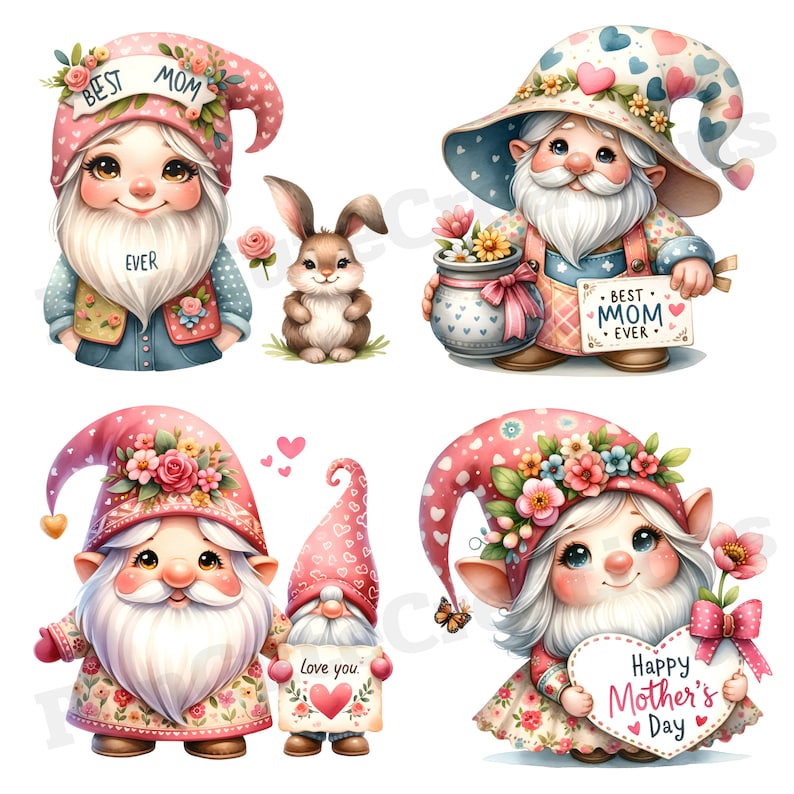 Mother's Day Gnome Watercolor Clipart Bundle, Mother's Day Clipart ...