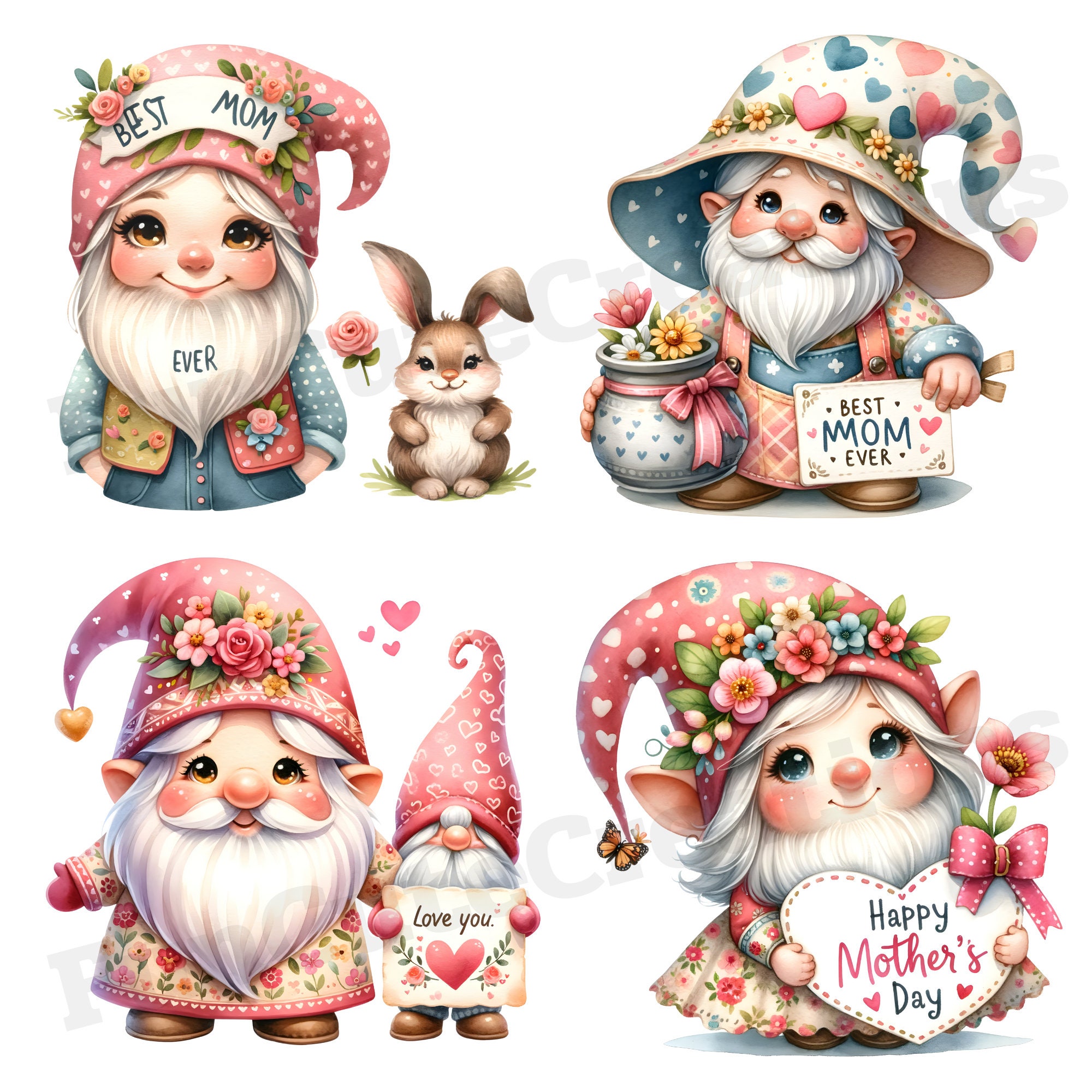 Mother's Day Gnome Watercolor Clipart Bundle, Mother's Day Clipart ...