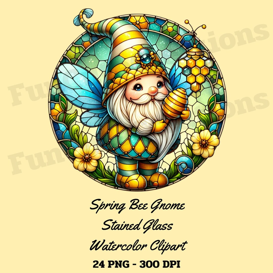 Spring Bee Gnome Stained Glass Watercolor Clipart - 24 Unique Designs, Spring Gnome Clipart ...