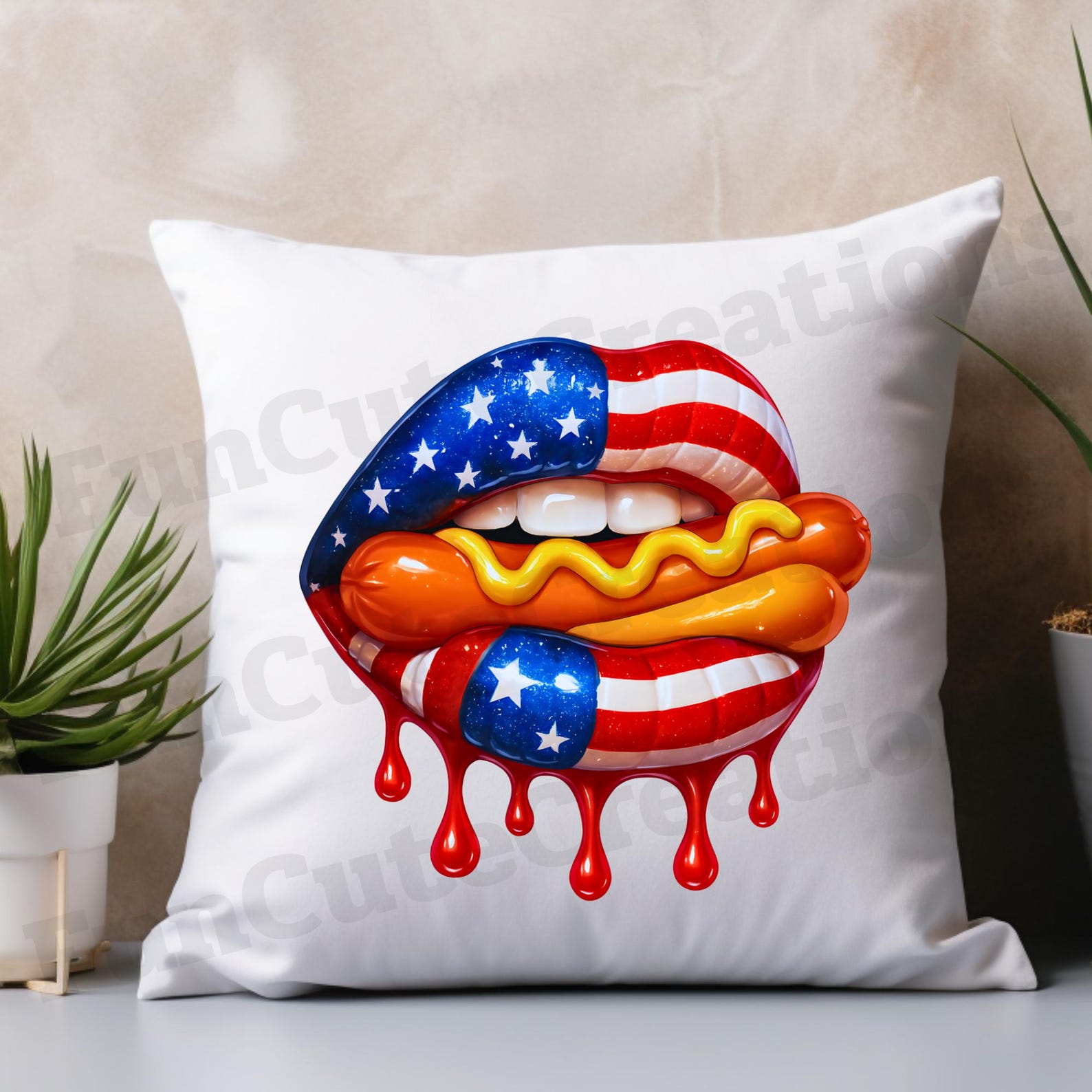 4th of July Dripping Lips With Hot Dog PNG, American Flag Lips PNG ...