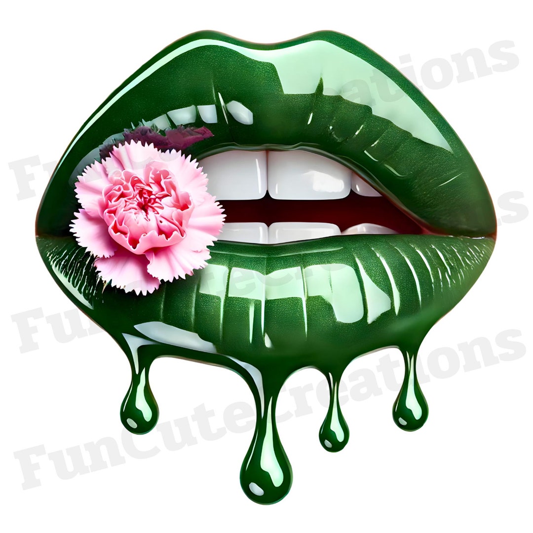 Green Dripping Lips With Pink Carnation PNG, Floral Lips Clipart ...