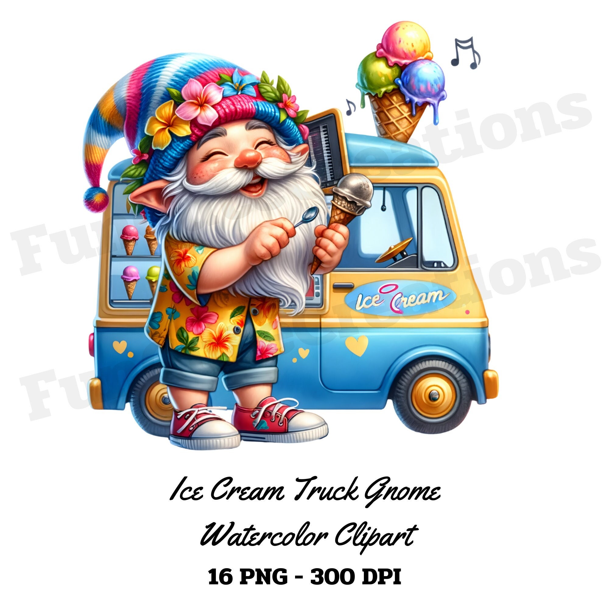 Ice Cream Truck Gnome Watercolor Clipart, Ice Cream Gnome, Summer ...