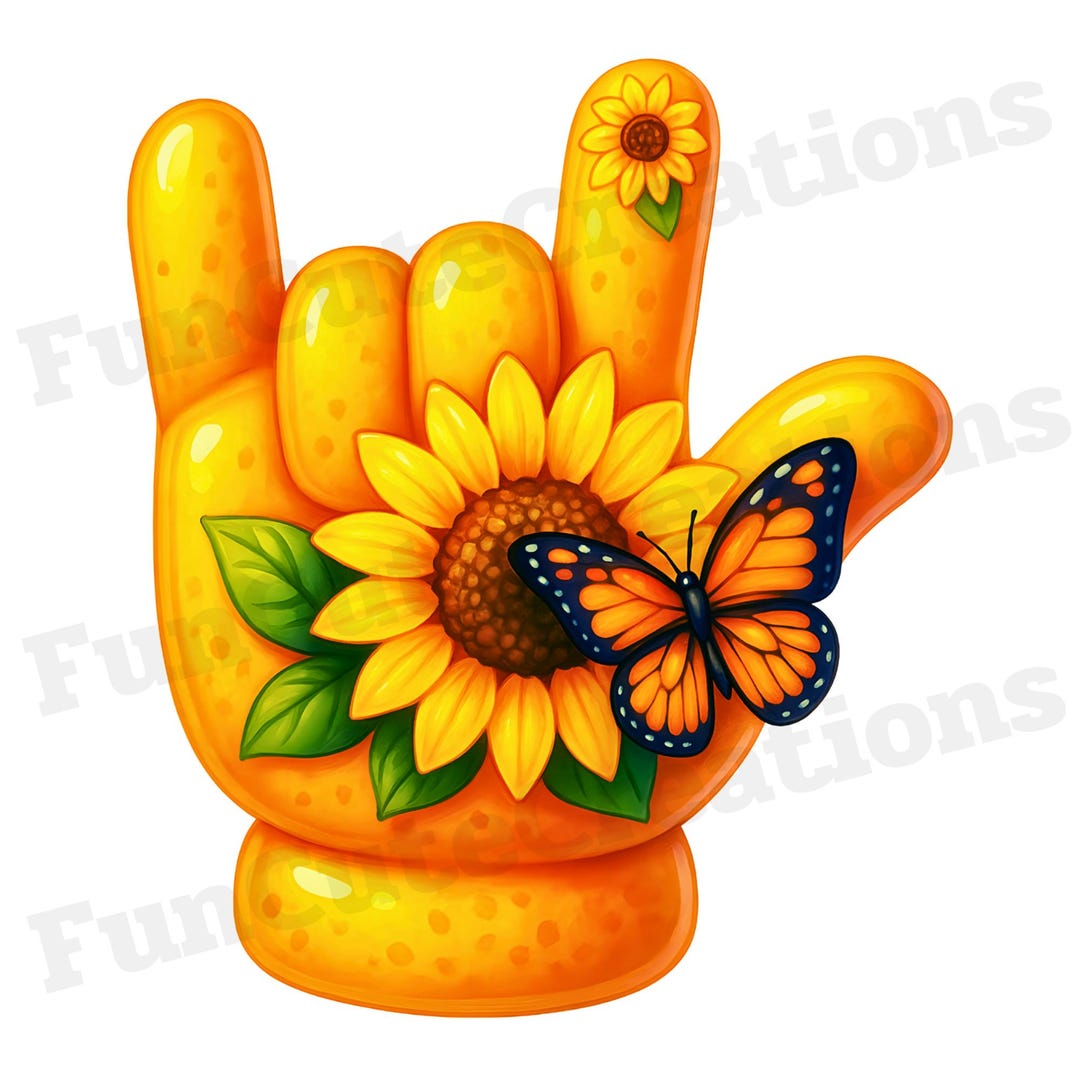 Butterfly Sunflower Hand Glove I Love You ASL PNG, Floral Hand Sign ...