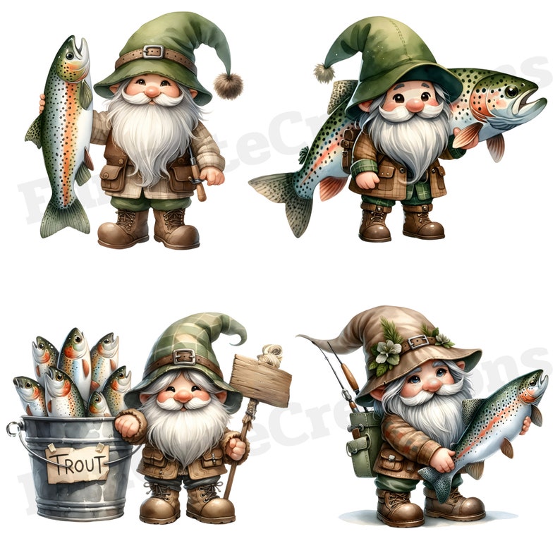 Gnome Trout Watercolor Clipart Bundle, Trout Clipart, Fishing Trout ...