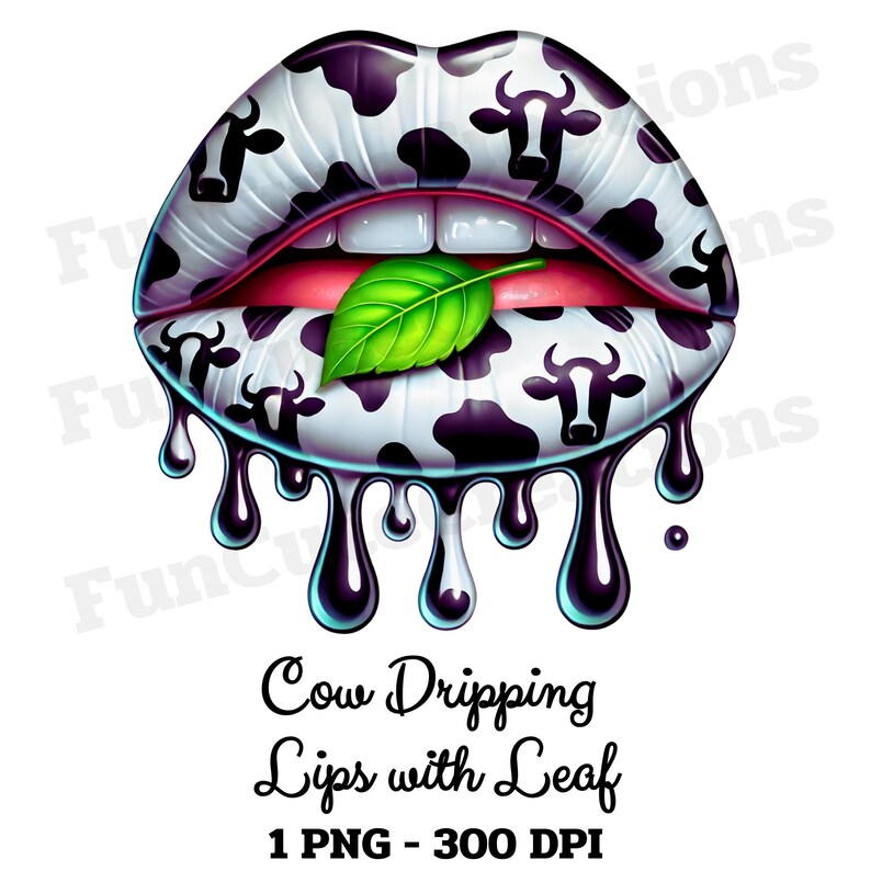 Cow Dripping Lips With Leaf PNG, Animal Print Lips PNG, Cow Print Lips ...